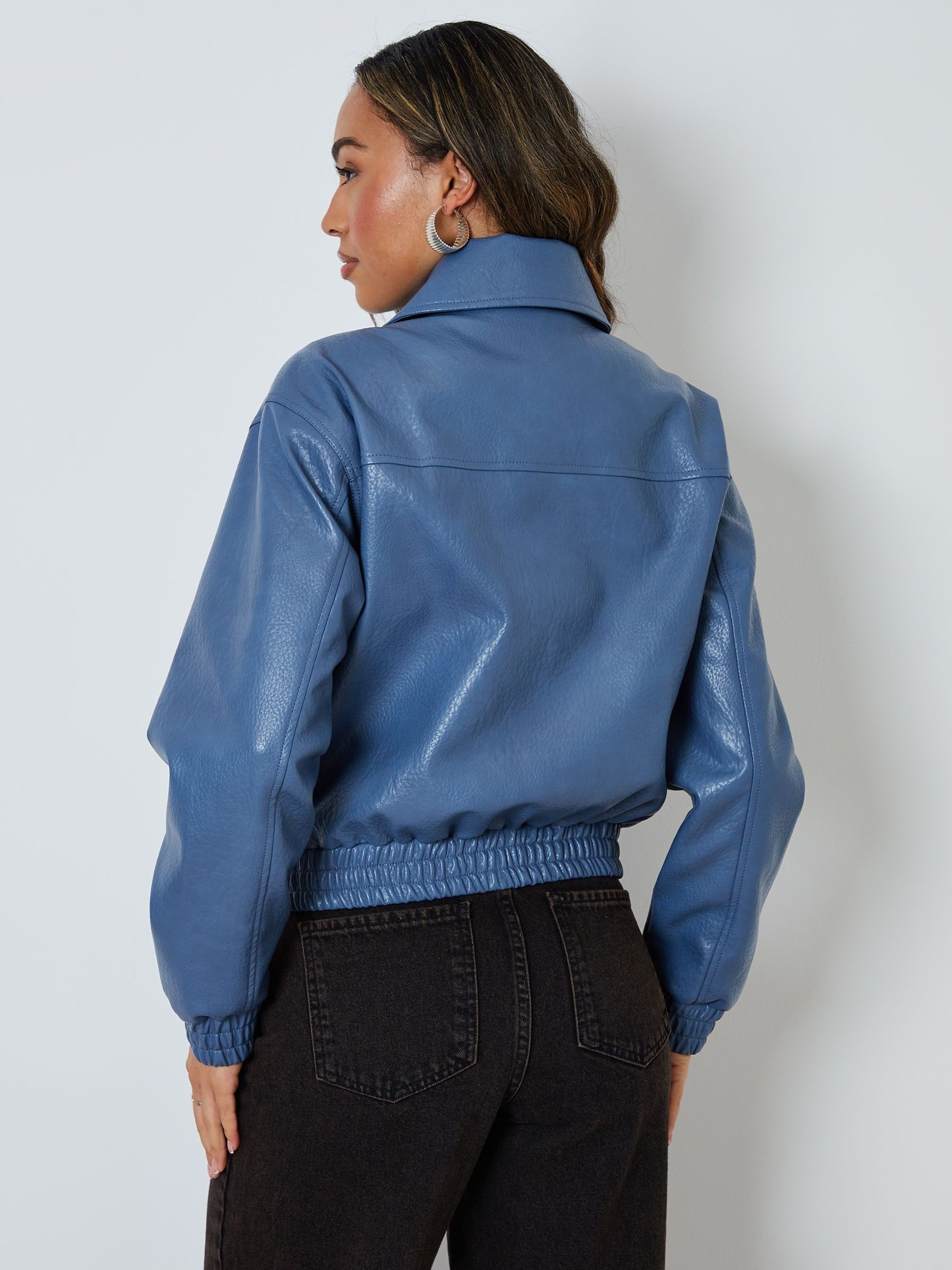 Buy Threadbare Blue Faux Leather Bomber Jacket with Collar from the ...
