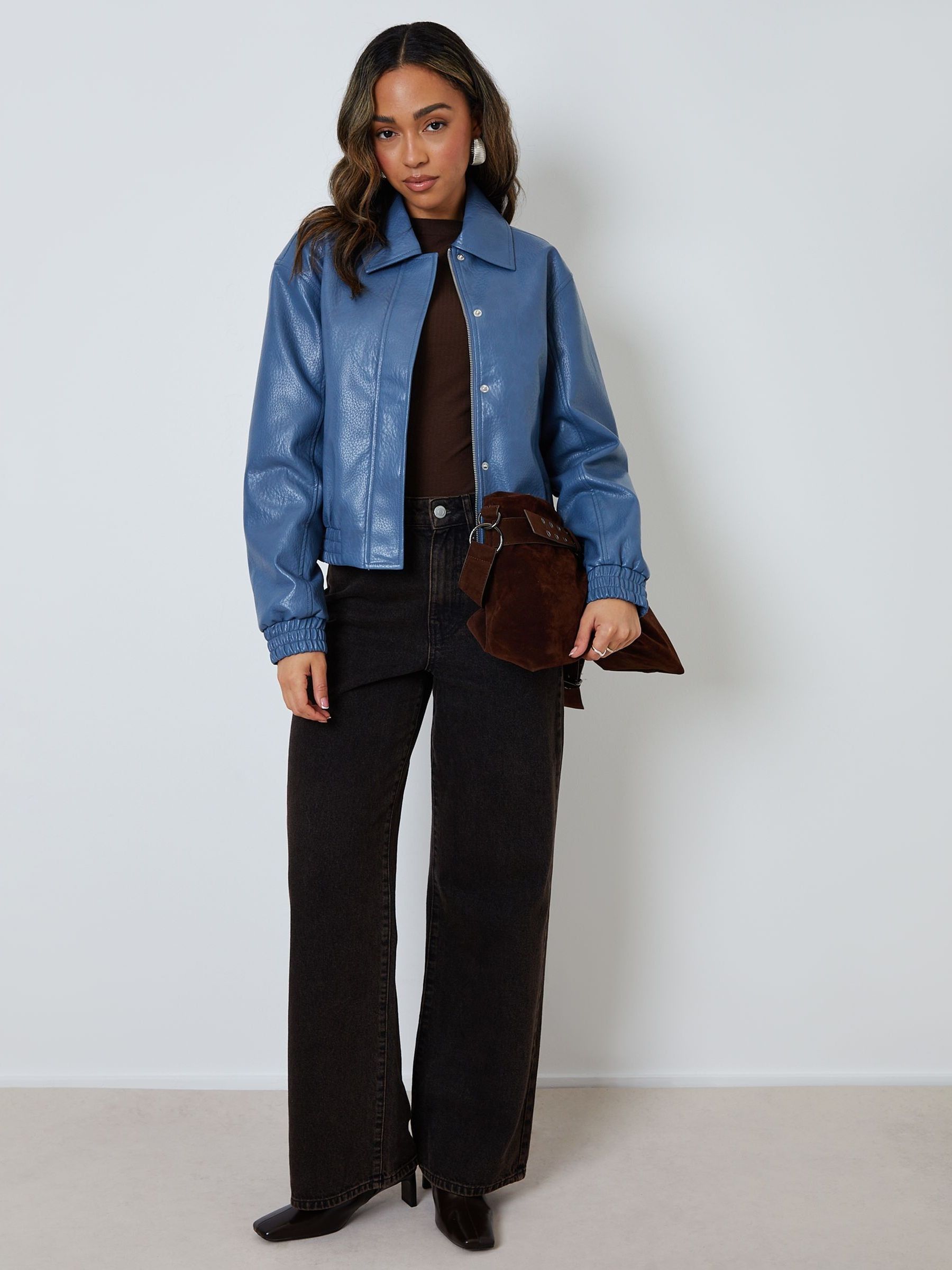 Buy Threadbare Blue Faux Leather Bomber Jacket with Collar from Next ...