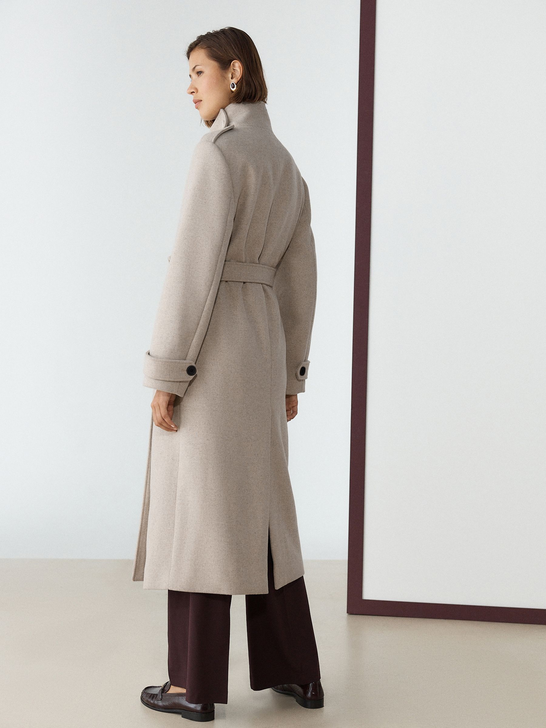 Buy Neutral Cream Double Breasted Formal Funnel Neck Coat With Wool ...