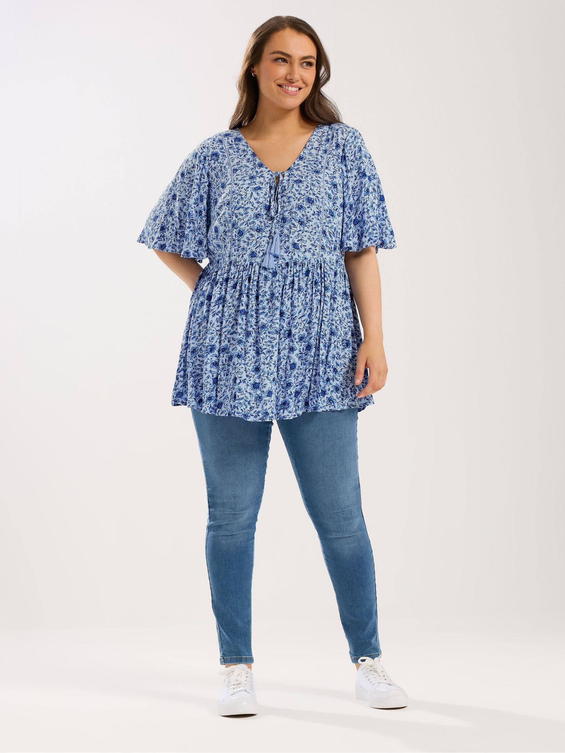 Buy Yours Curve Blue Short Sleeve Angel Sleeve Boho Top from the Next ...