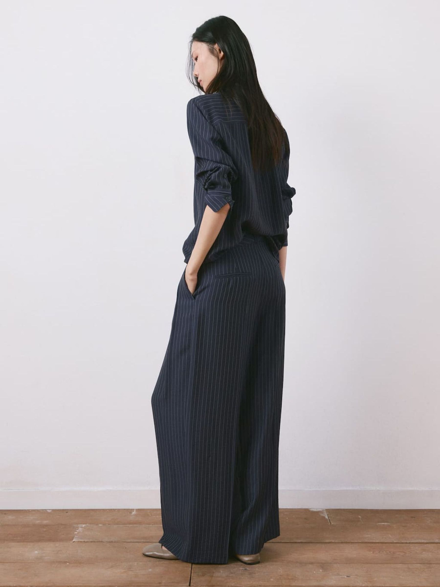 Buy Mango Navy Stripe Wide Leg Suit Trousers from the Next UK online shop