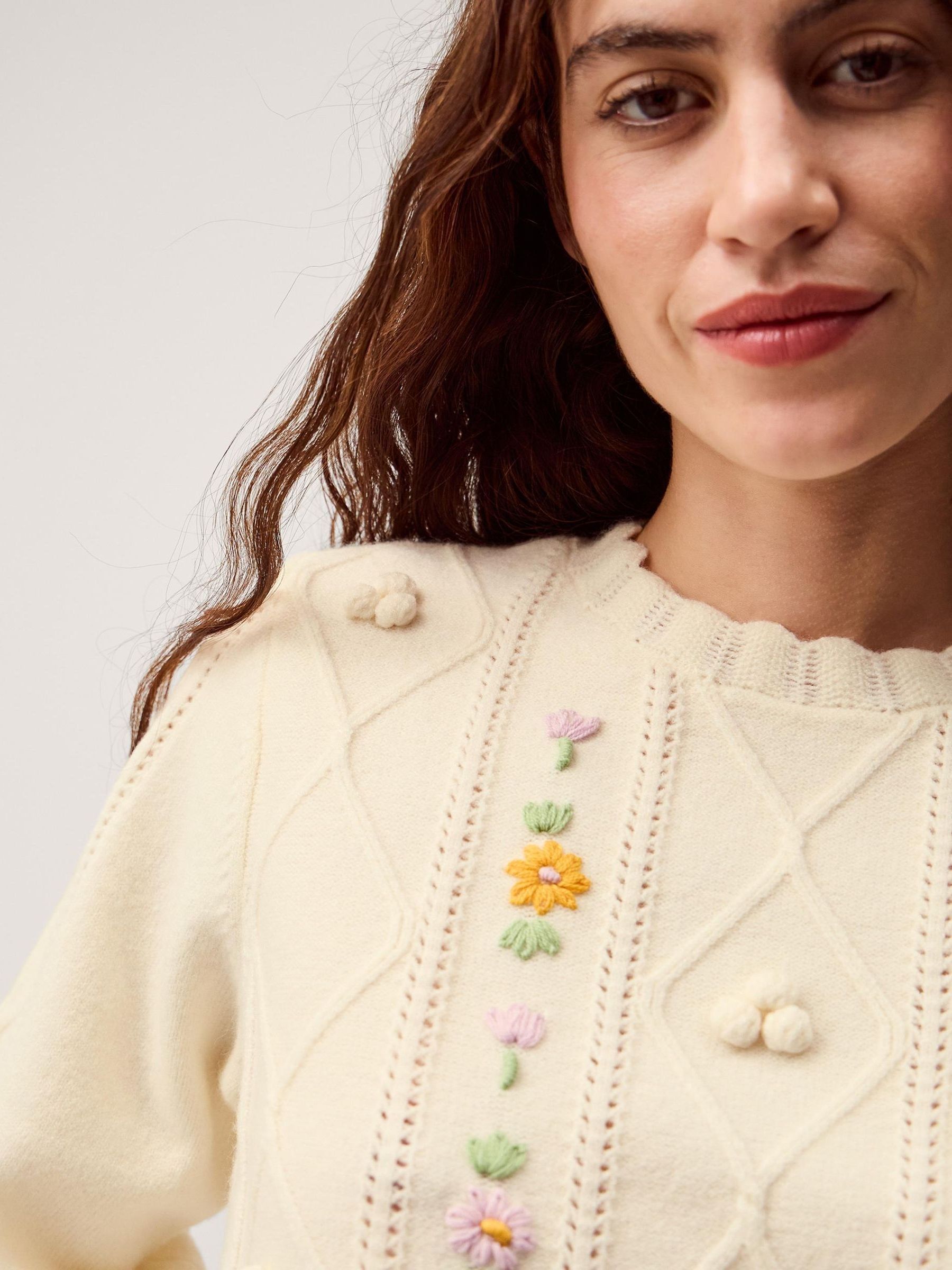 Buy Monsoon Cream Elsie Floral Embroidered Cable Knit Jumper from the ...