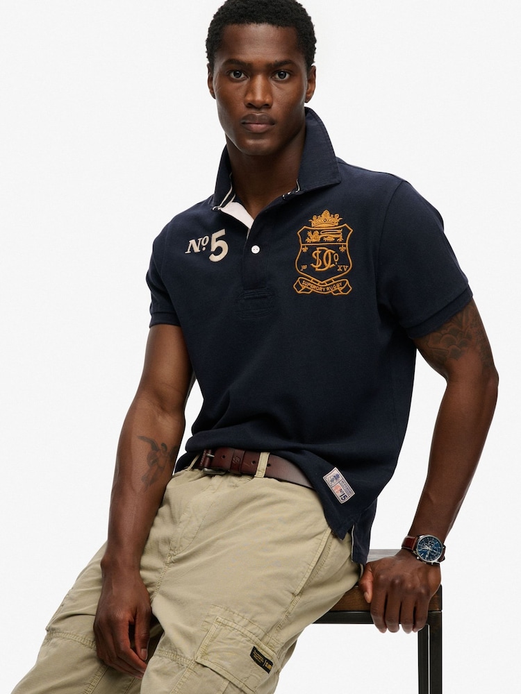 Buy SUPERDRY Blue Double Emblem Jersey Short Sleeve Rugby Polo Shirt ...