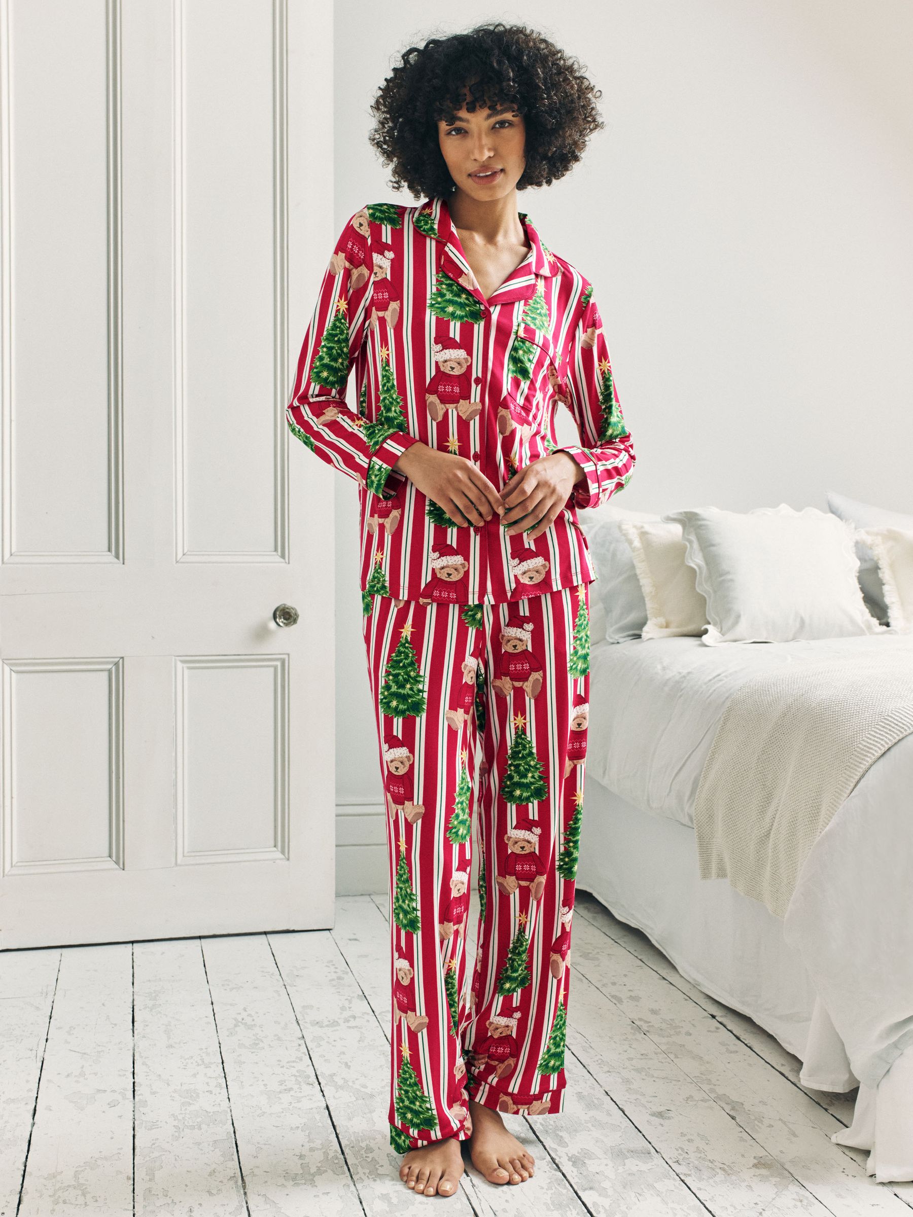 Buy Chelsea Peers Red Christmas Teddy Bear Stripe Print Long Pyjamas ...