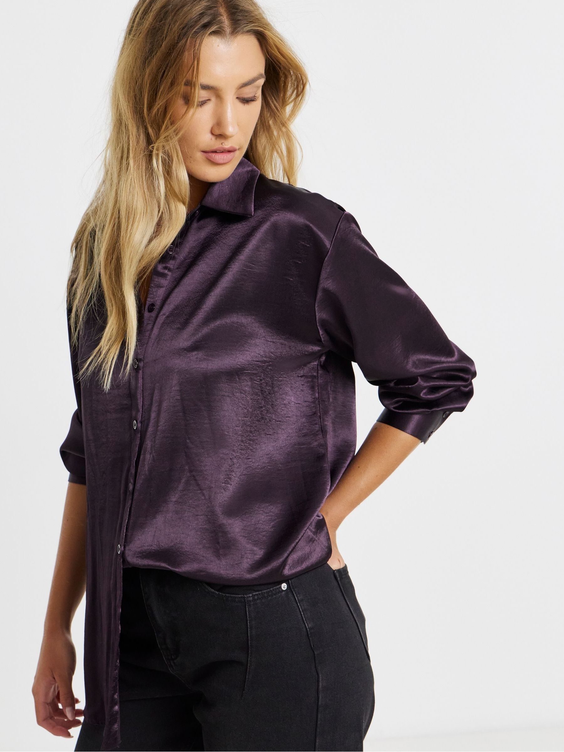 Buy Simply Be Purple Metallic Liquid Satin Oversized Shirt from Next ...