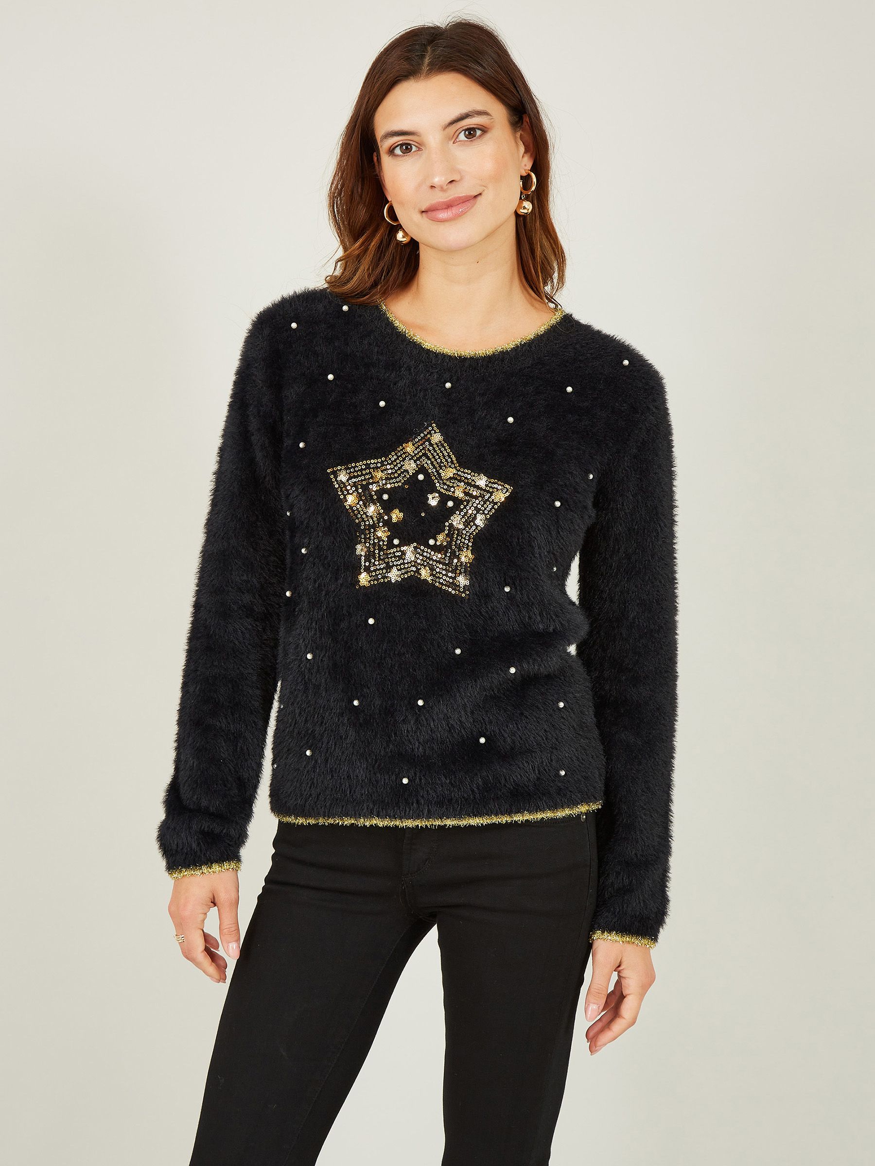 Buy Yumi Black Fluffy Star Christmas Jumper from the Next UK online shop