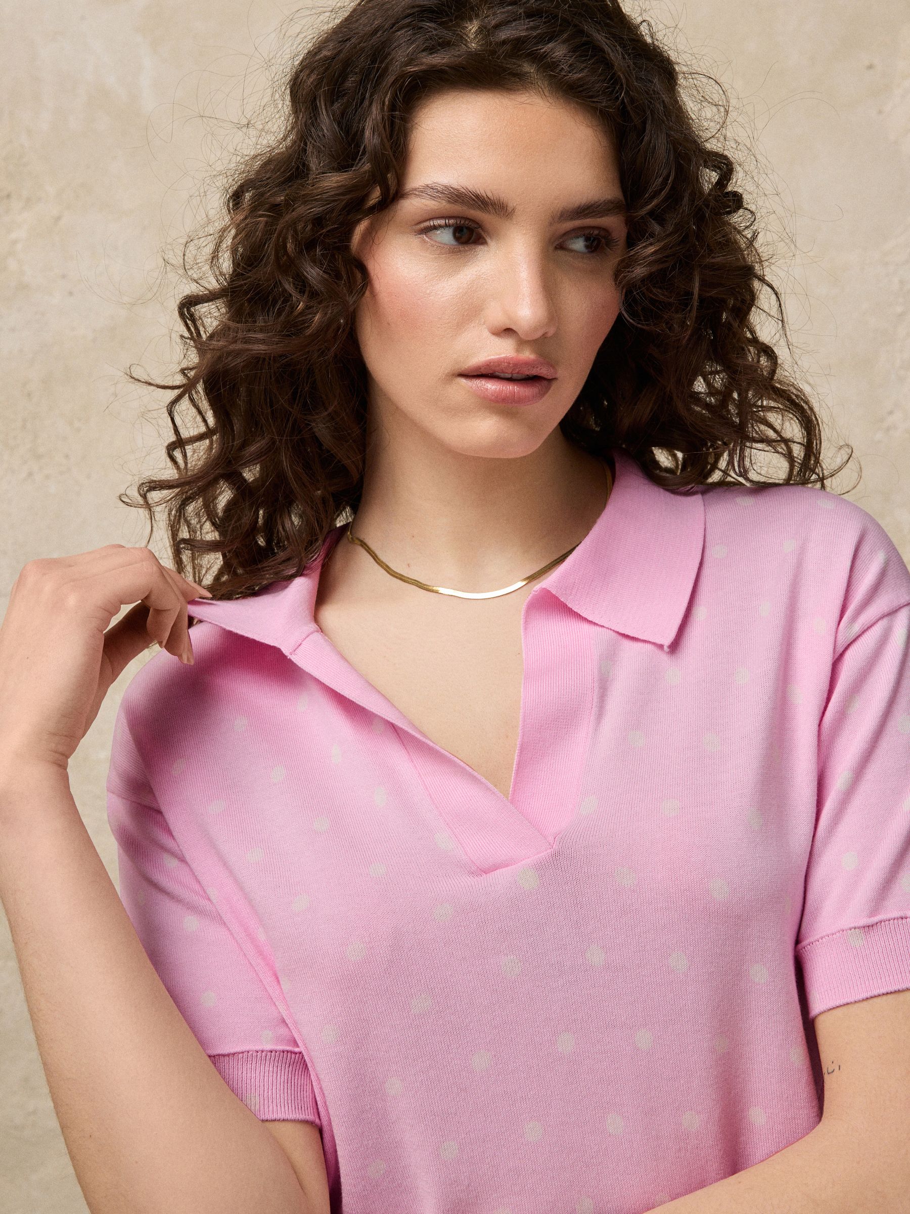 Buy Light Pink Polka Dot Cotton Rich Soft Touch Knitted Polo Top from ...