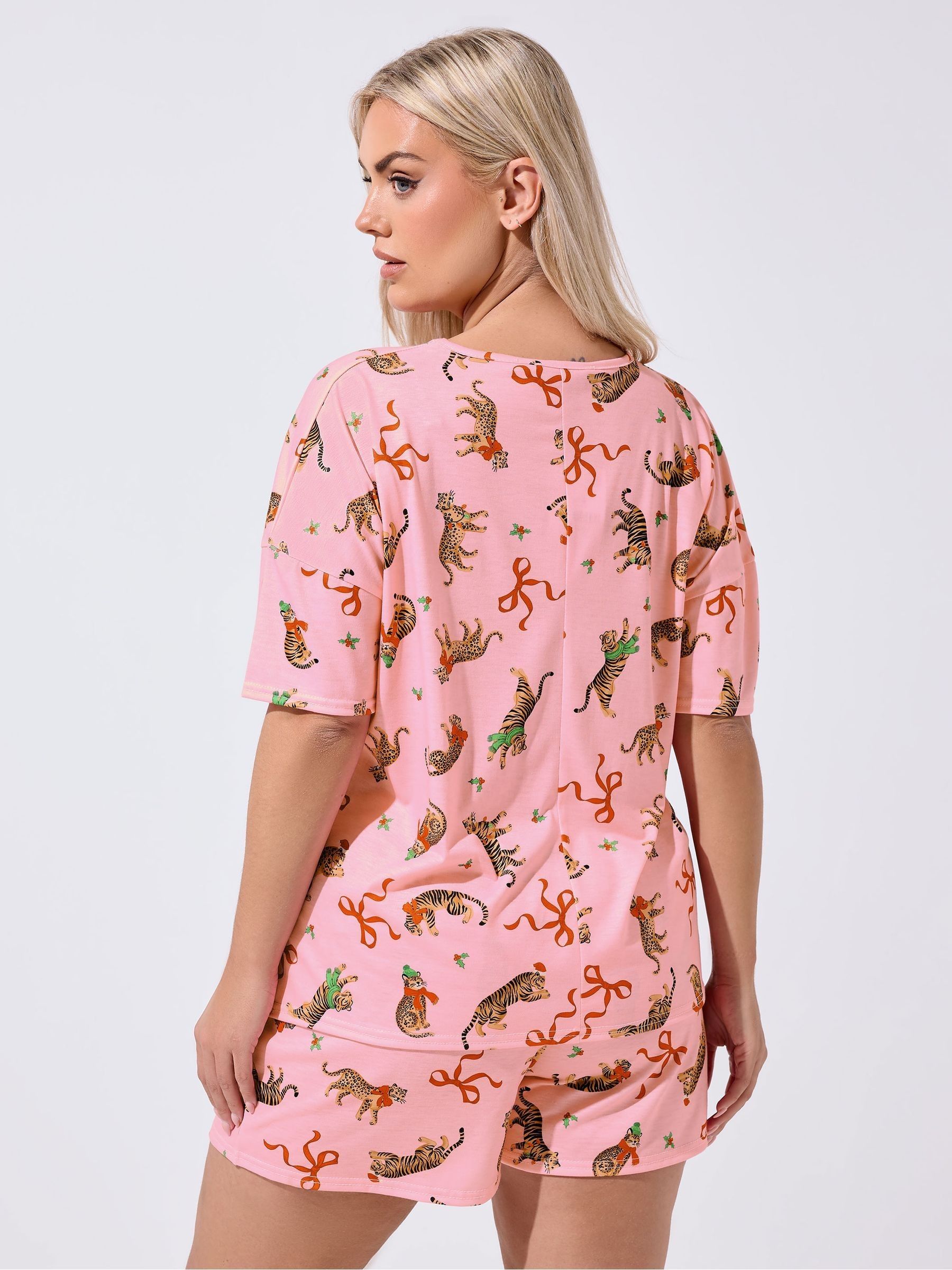 Buy Yours Curve Pink Limited Tiger Bow Christmas Pyjamas Set from Next ...