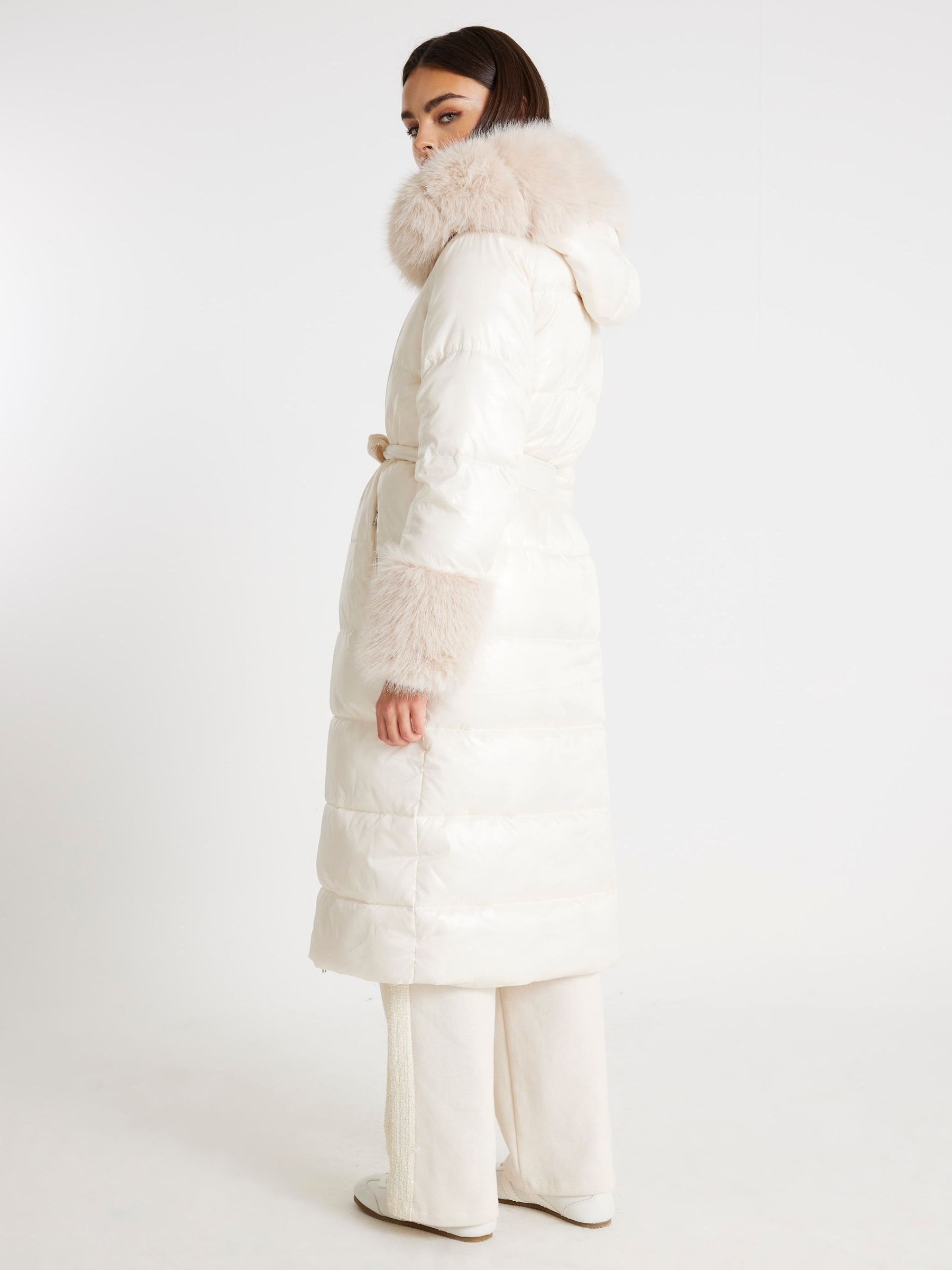 Buy River Island Cream Faux Fur Hood Ski Bunny Longline Jacket from ...