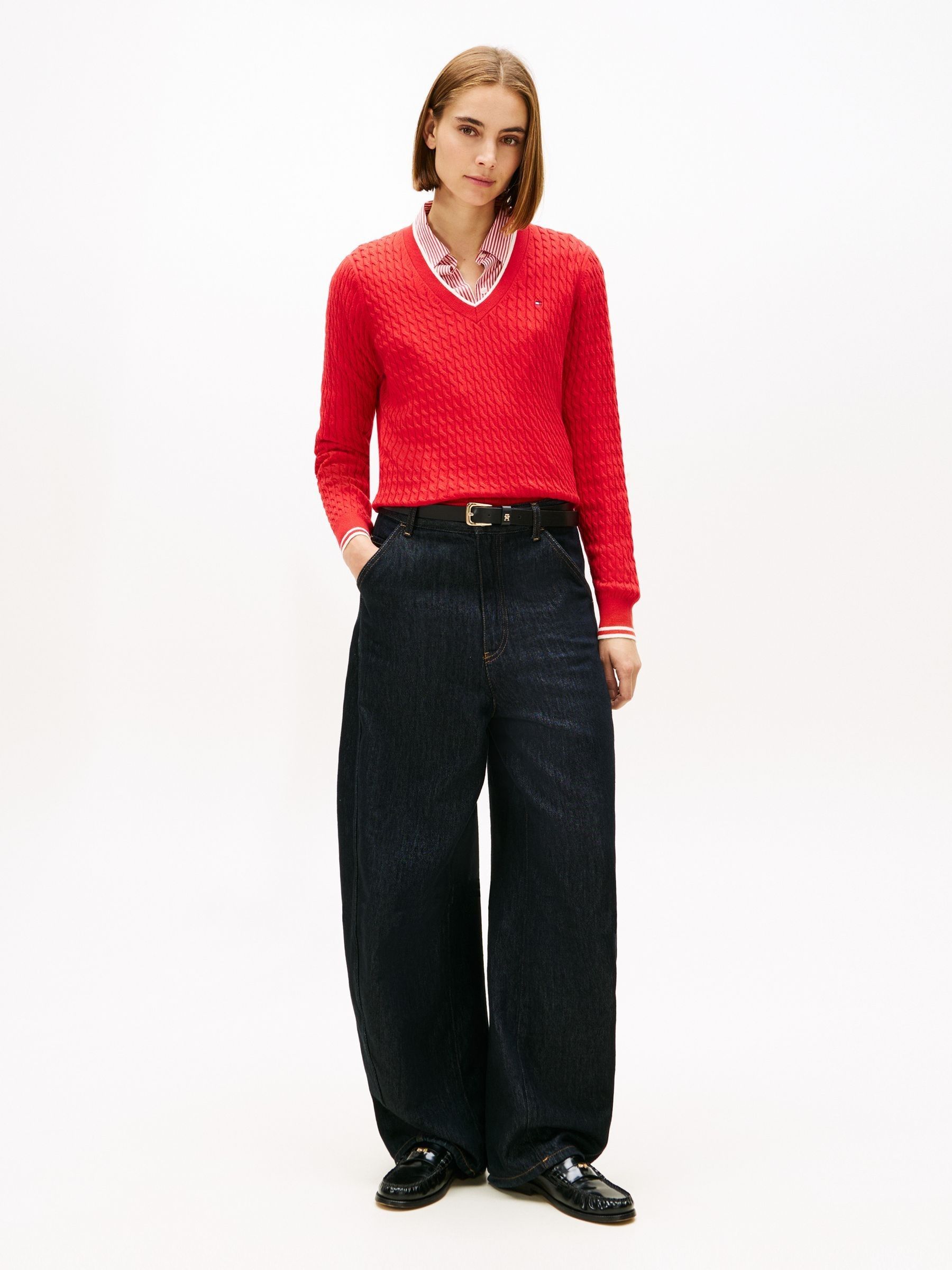 Buy Tommy Hilfiger Red Cable Knit V-Neck Jumper from Next Israel