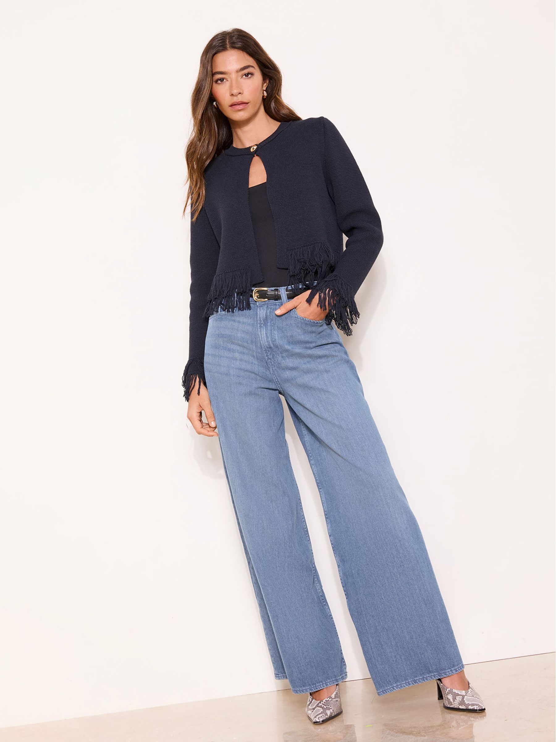 Buy Lipsy Navy Buttoned Fringe Layered Long Sleeve Knitted Cardigan ...