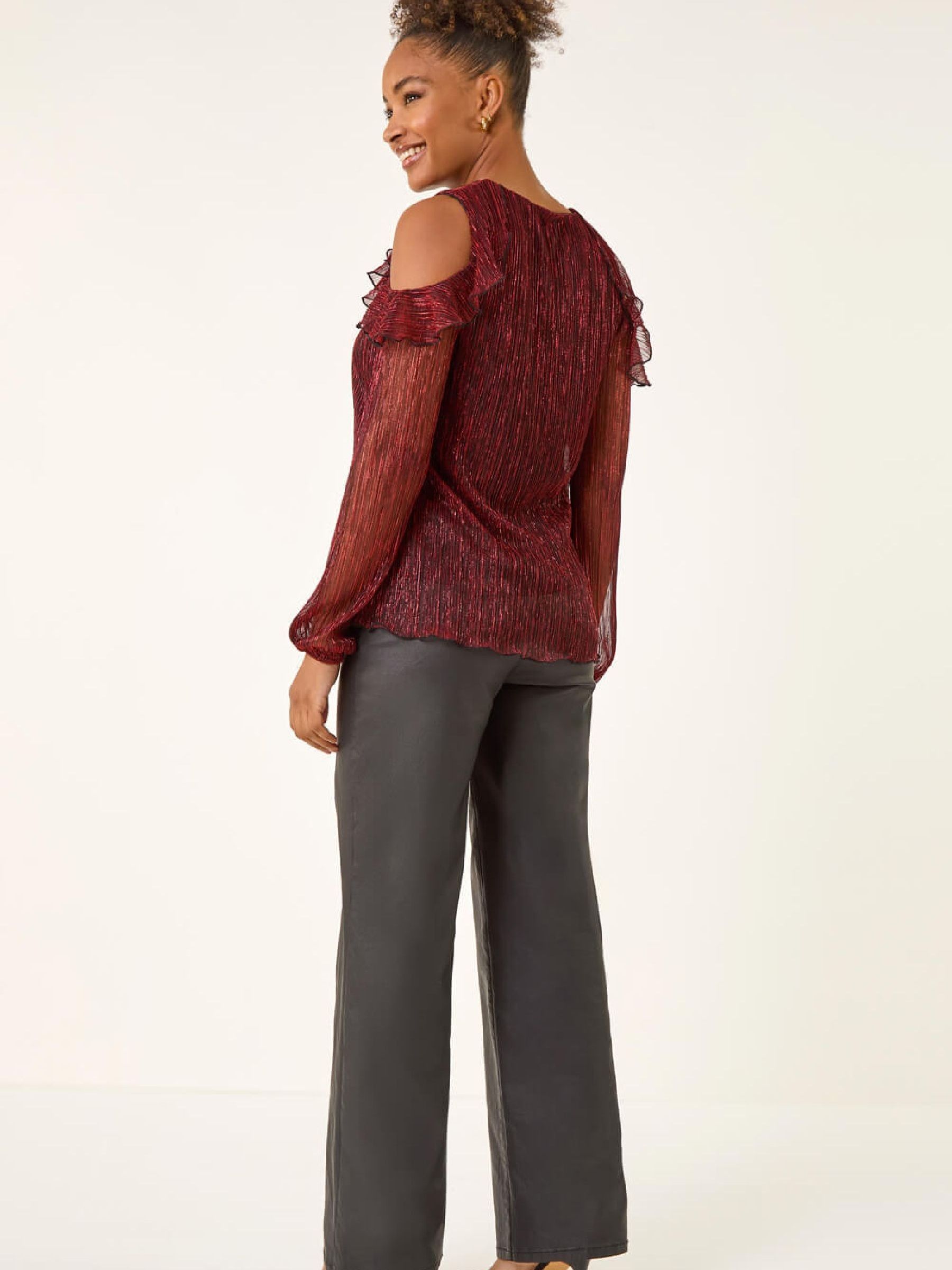 Buy Roman Red Shimmer Plisse Cold Shoulder Shirt from Next Ireland