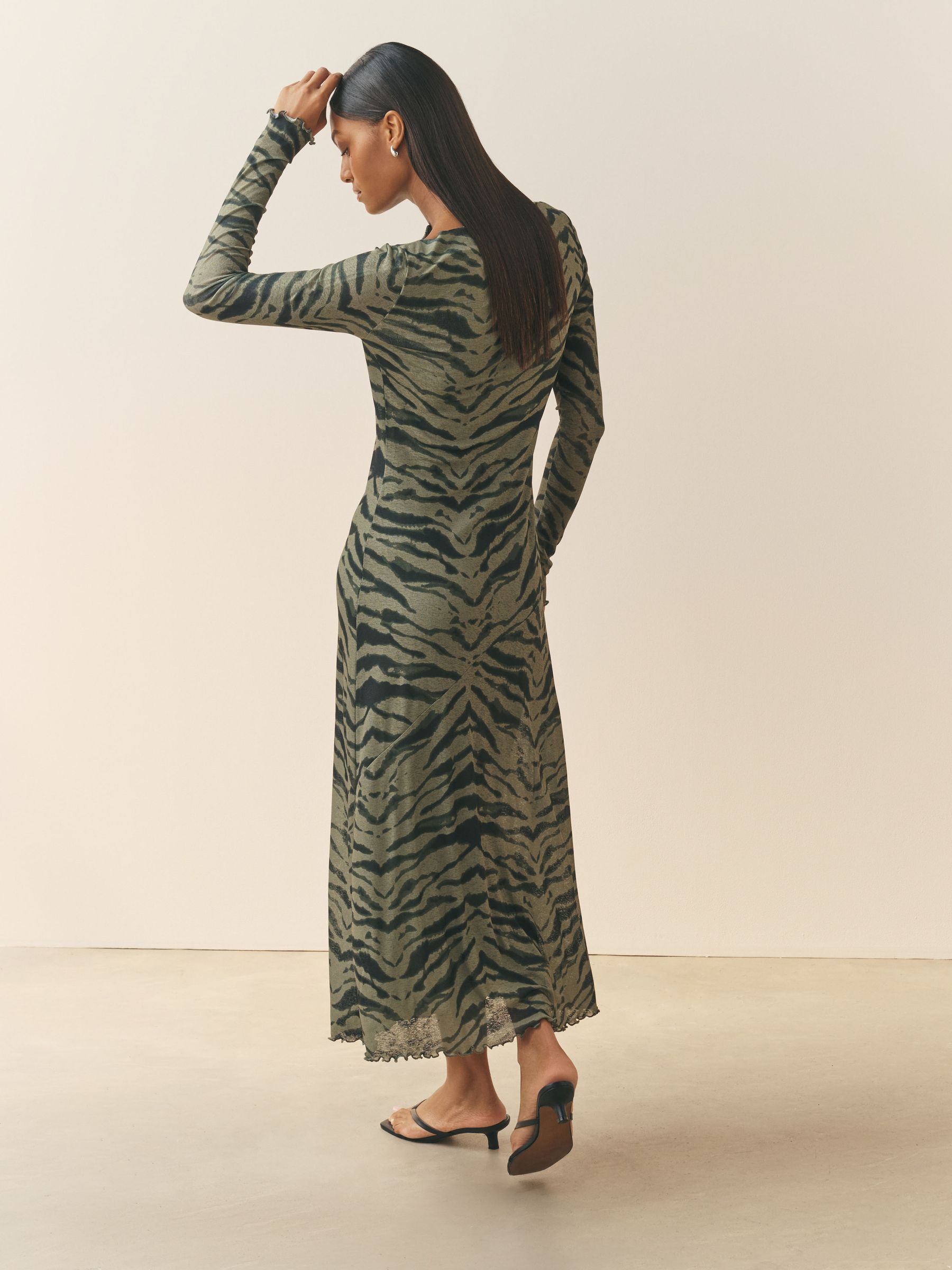 Buy Nothing Ordinary Zebra Print Mesh Slash Neck Long Sleeve Midi Dress ...