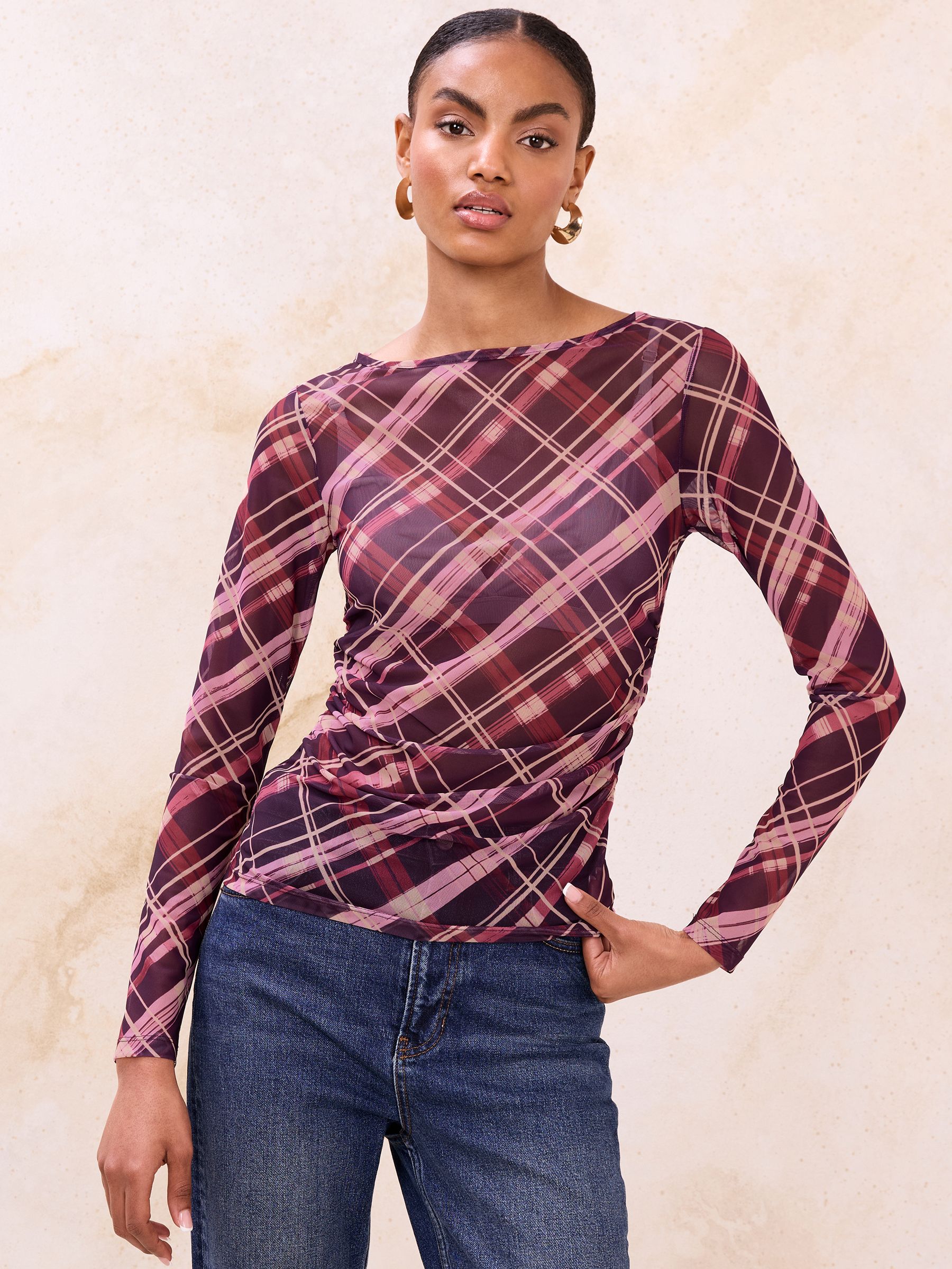 Buy Lipsy Burgundy Pink Check Mesh Long Sleeve Top from Next USA