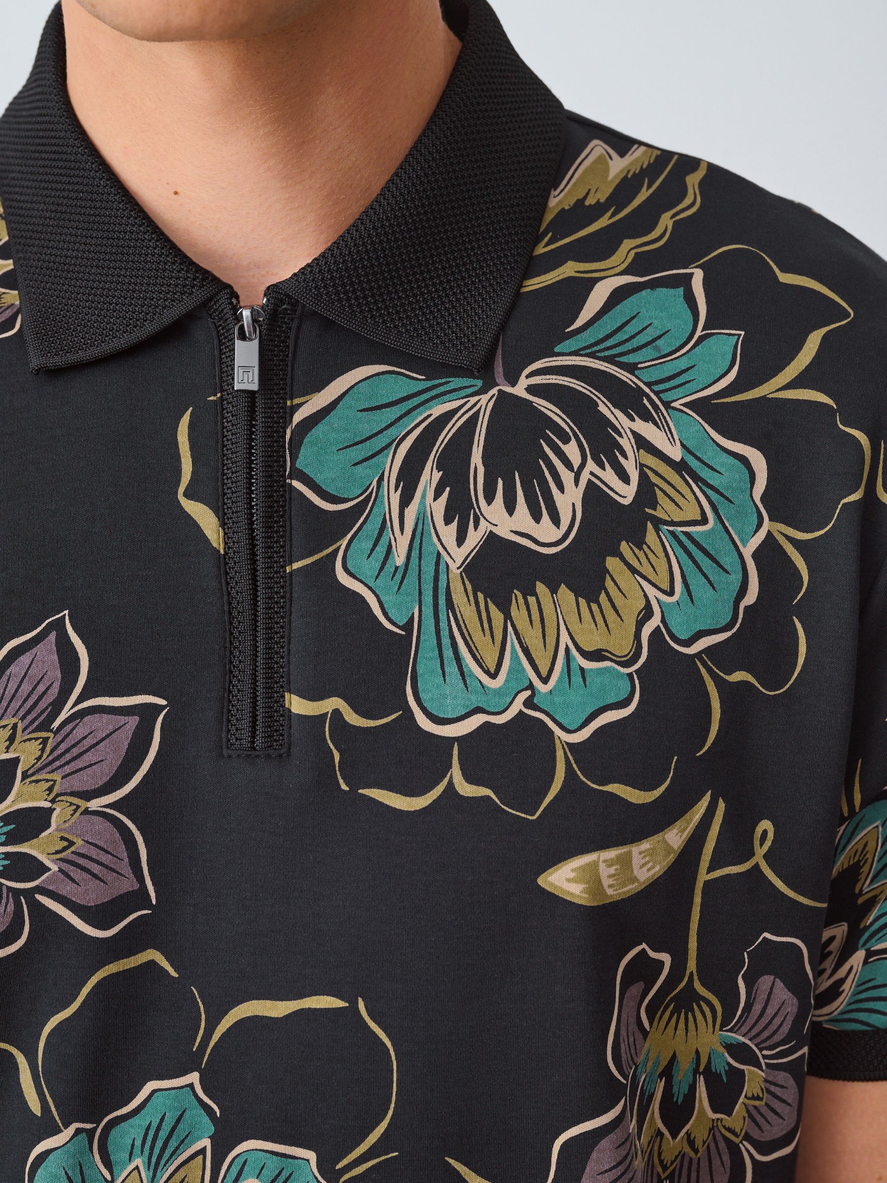 Buy Black Floral Pattern Quarter Zip Polo Shirt from Next Ireland