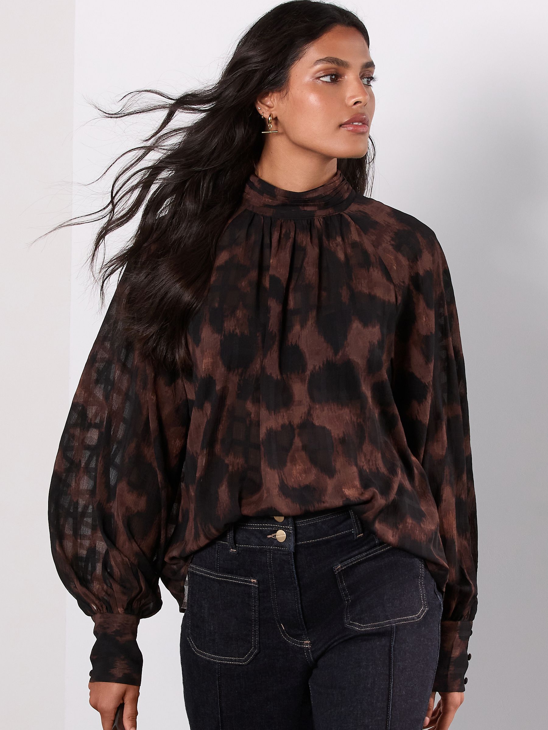 Buy Animal Print Long Sleeve High Neck Blouse from Next Kuwait
