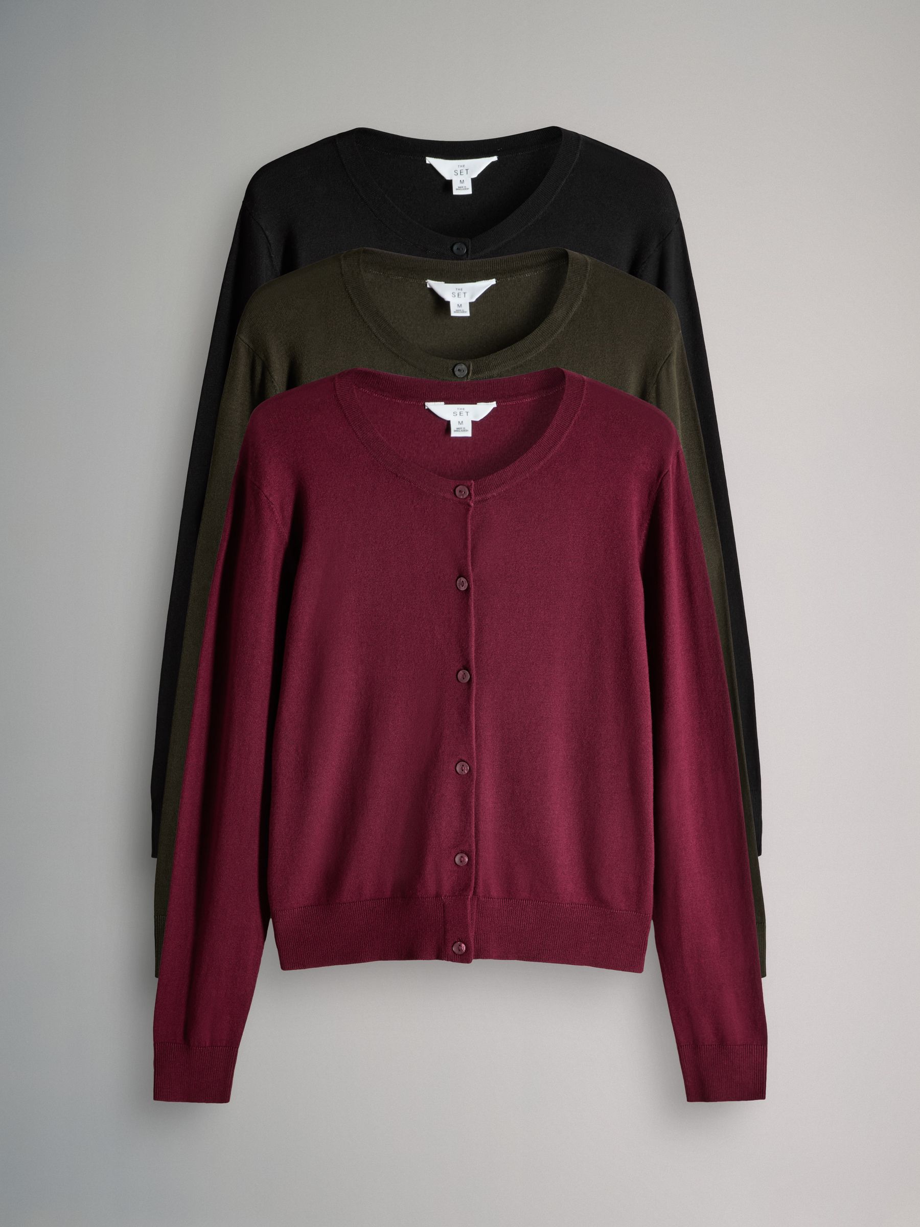Buy The Set 3 Pack Fine Knit Button Through Cardigans Black/Red/Khaki ...