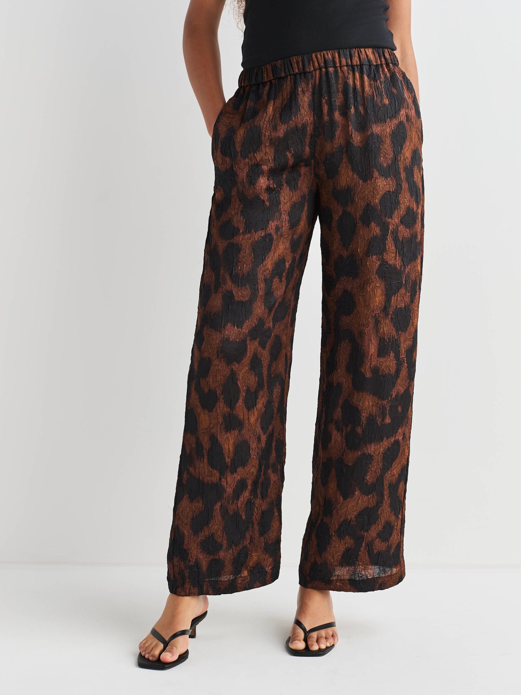 Buy Brown Animal Print Satin Crinkle Wide Leg Trousers from the Next UK ...