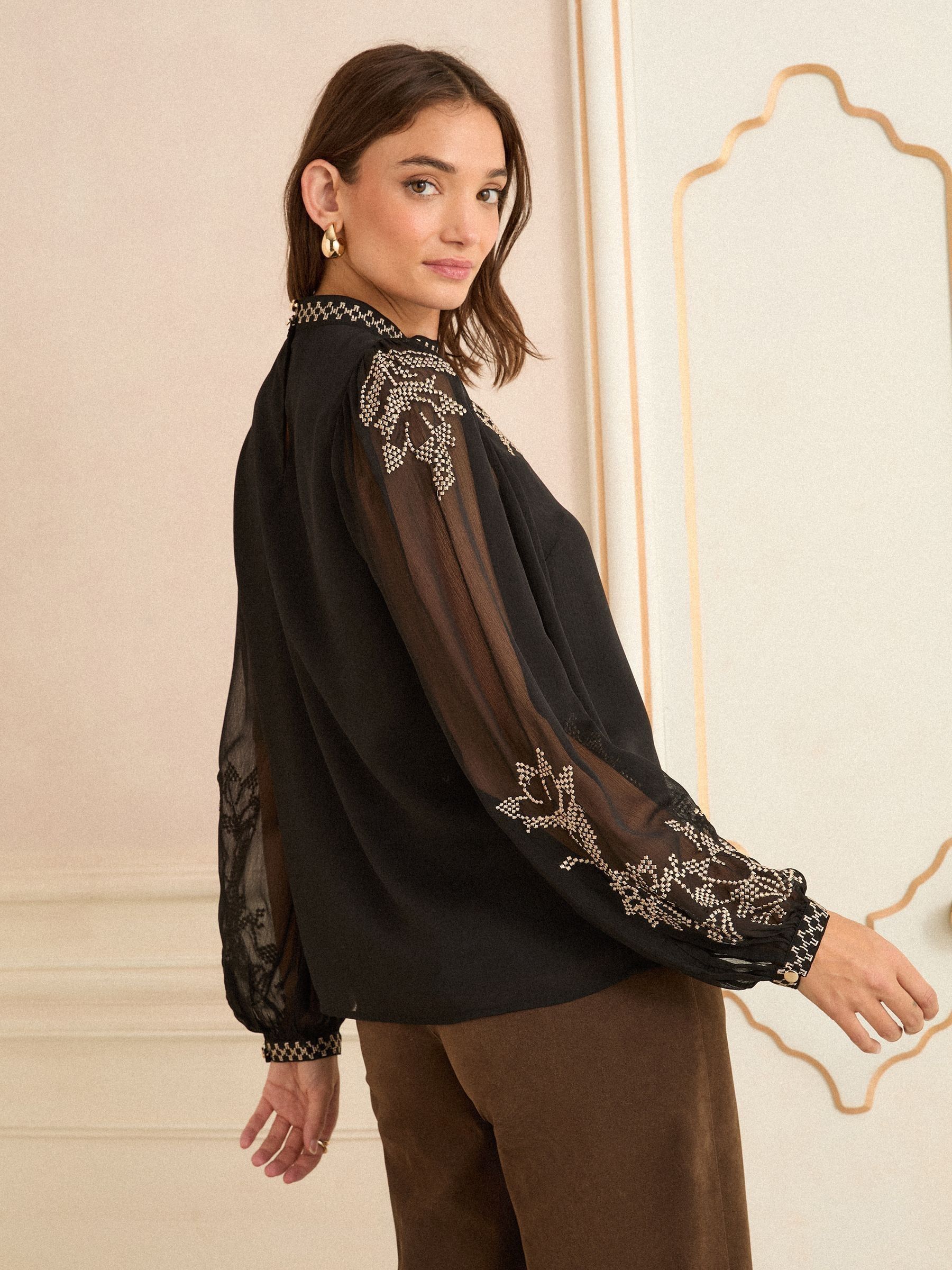 Buy Love & Roses Black Gold Embroidery Long Sleeve High Neck Blouse ...