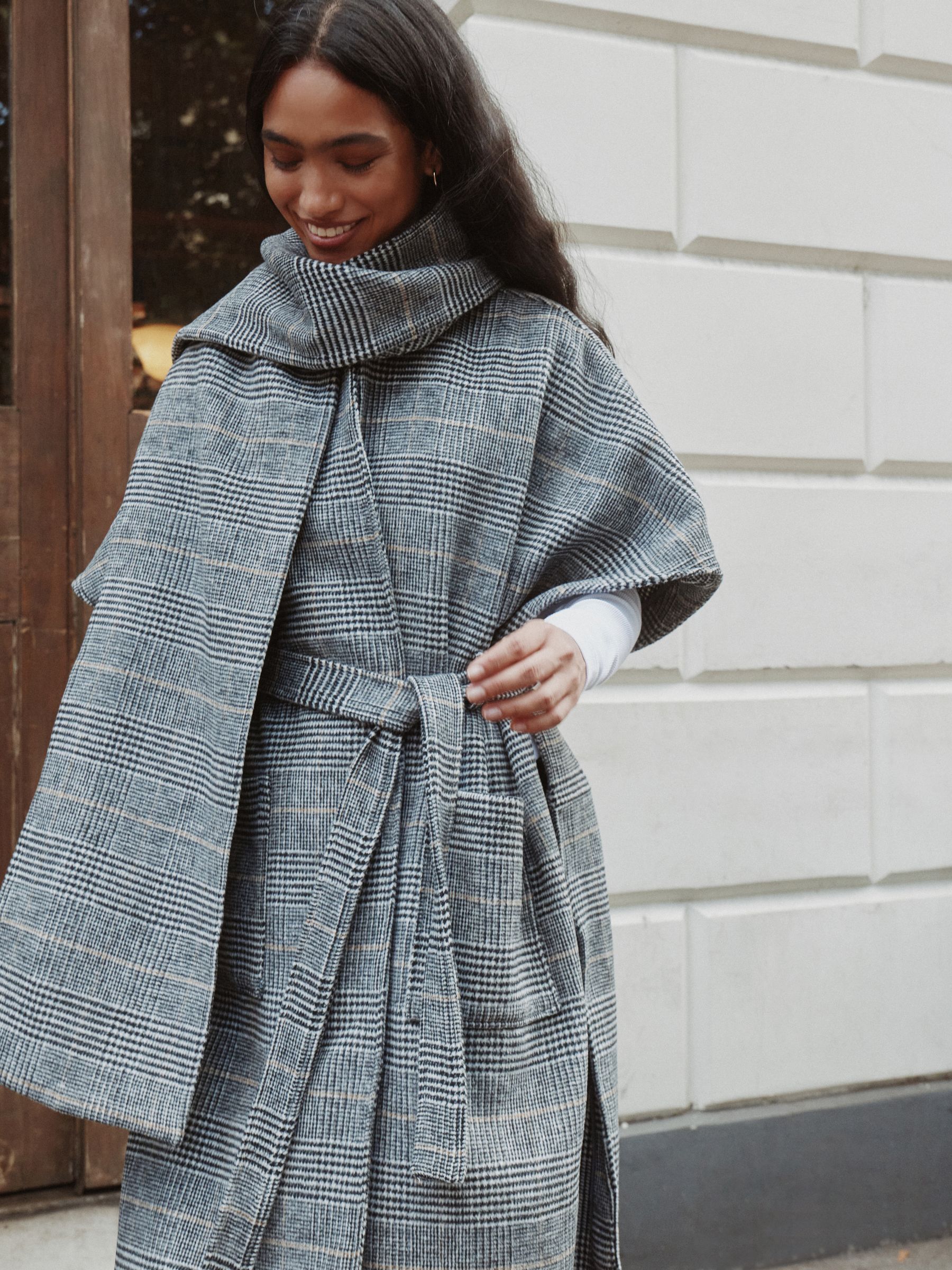 Buy Brown Check Longline Tie Waist Scarf Cape Containing Wool from Next ...