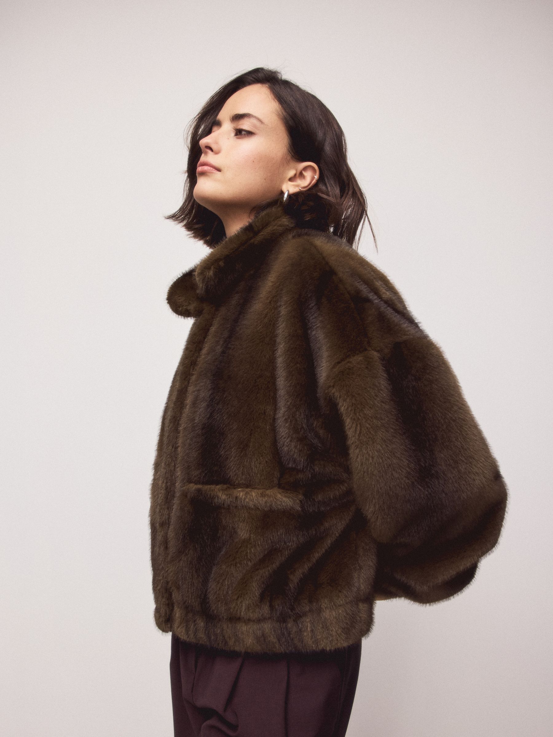 Buy Chocolate Brown Soft Touch Faux Fur Funnel Neck Bomber Jacket from ...
