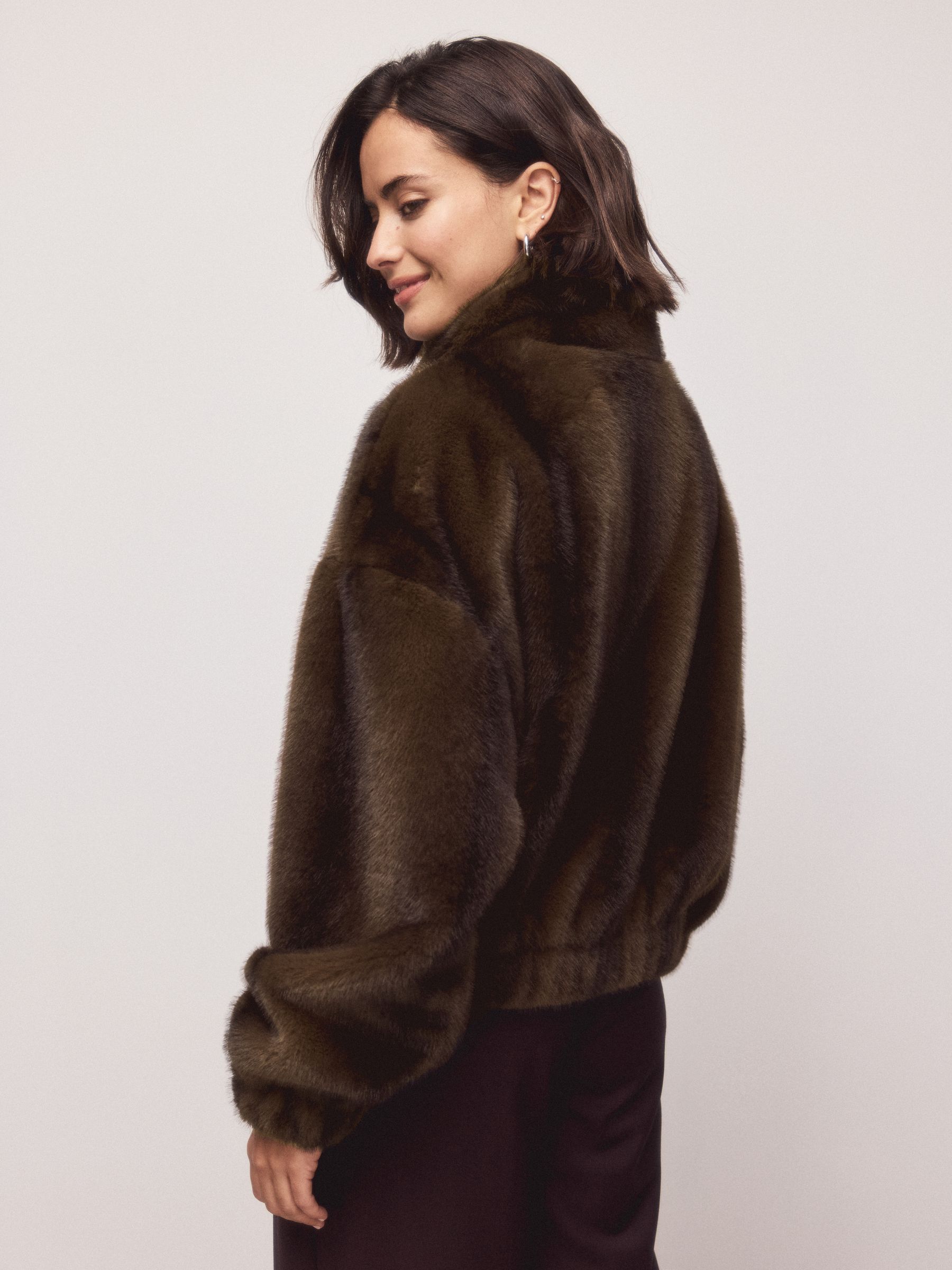 Buy Chocolate Brown Soft Touch Faux Fur Funnel Neck Bomber Jacket from ...