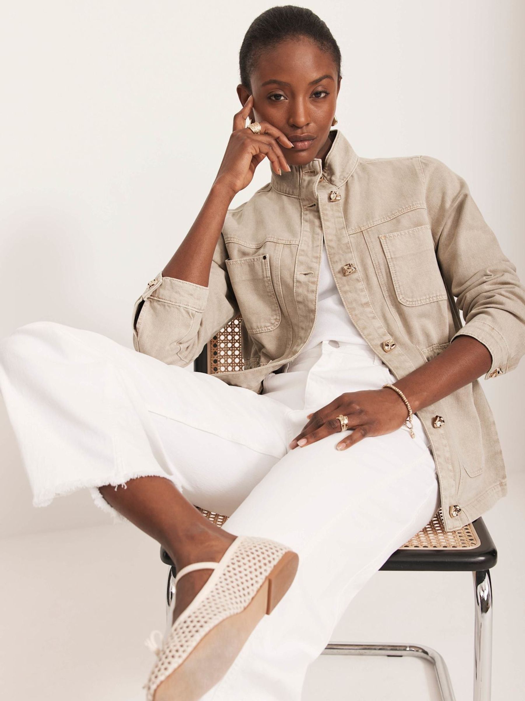 Buy Mint Velvet Cream Washed Utility Denim 100% Cotton Jacket from the ...