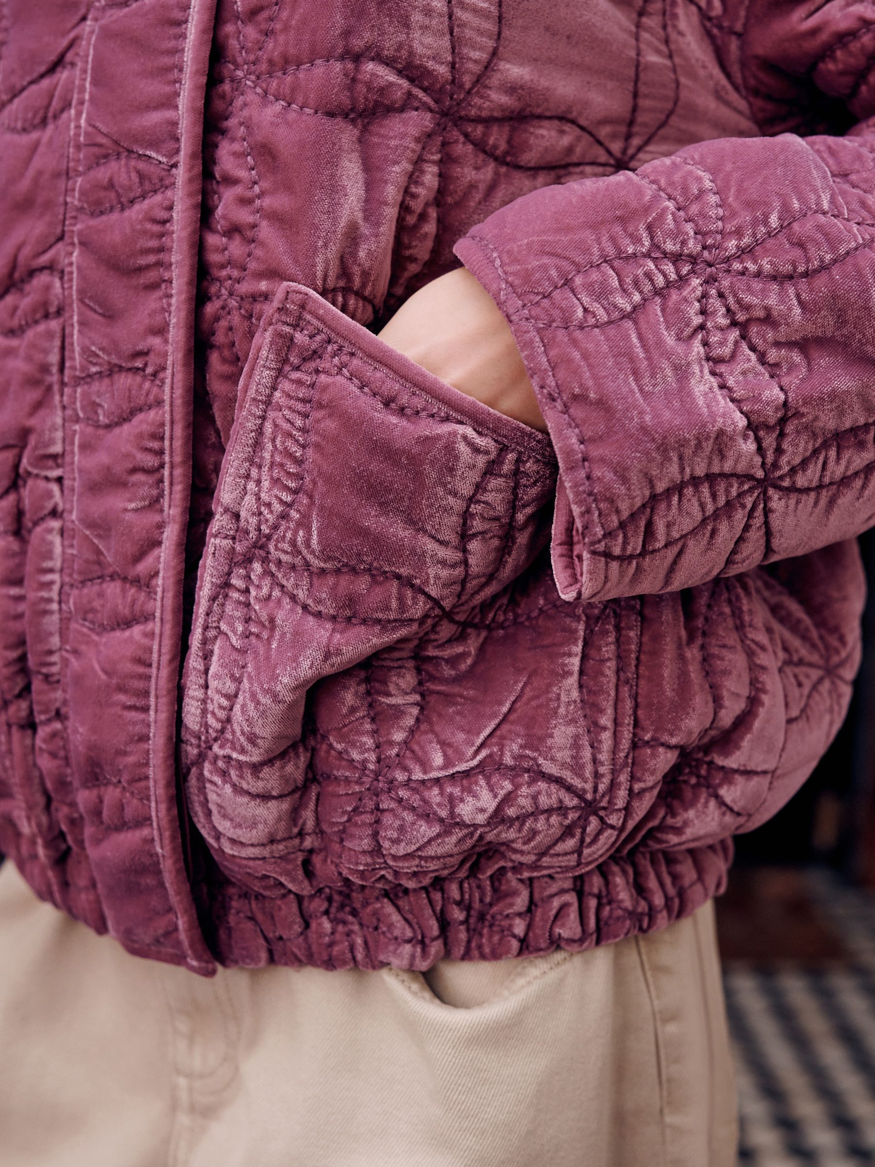 Buy Pink Velvet Funnel Neck Quilted Jacket from Next Netherlands