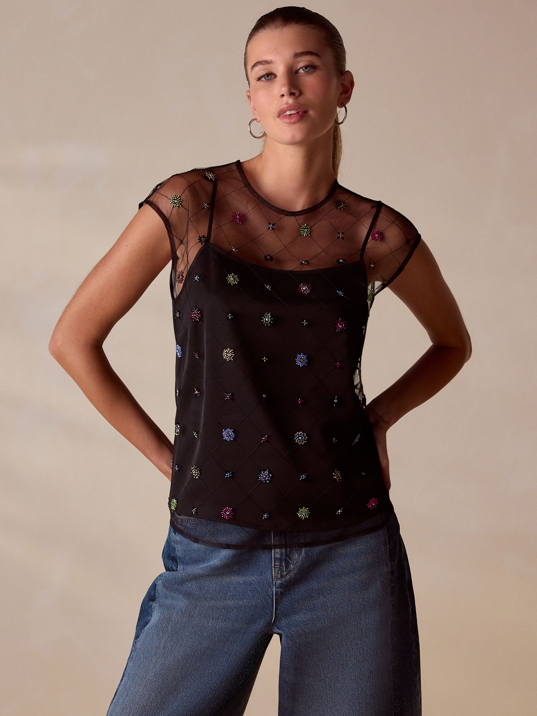 Buy Black/Multi N. Premium Beaded Sheer Double Layer Top from Next Ireland