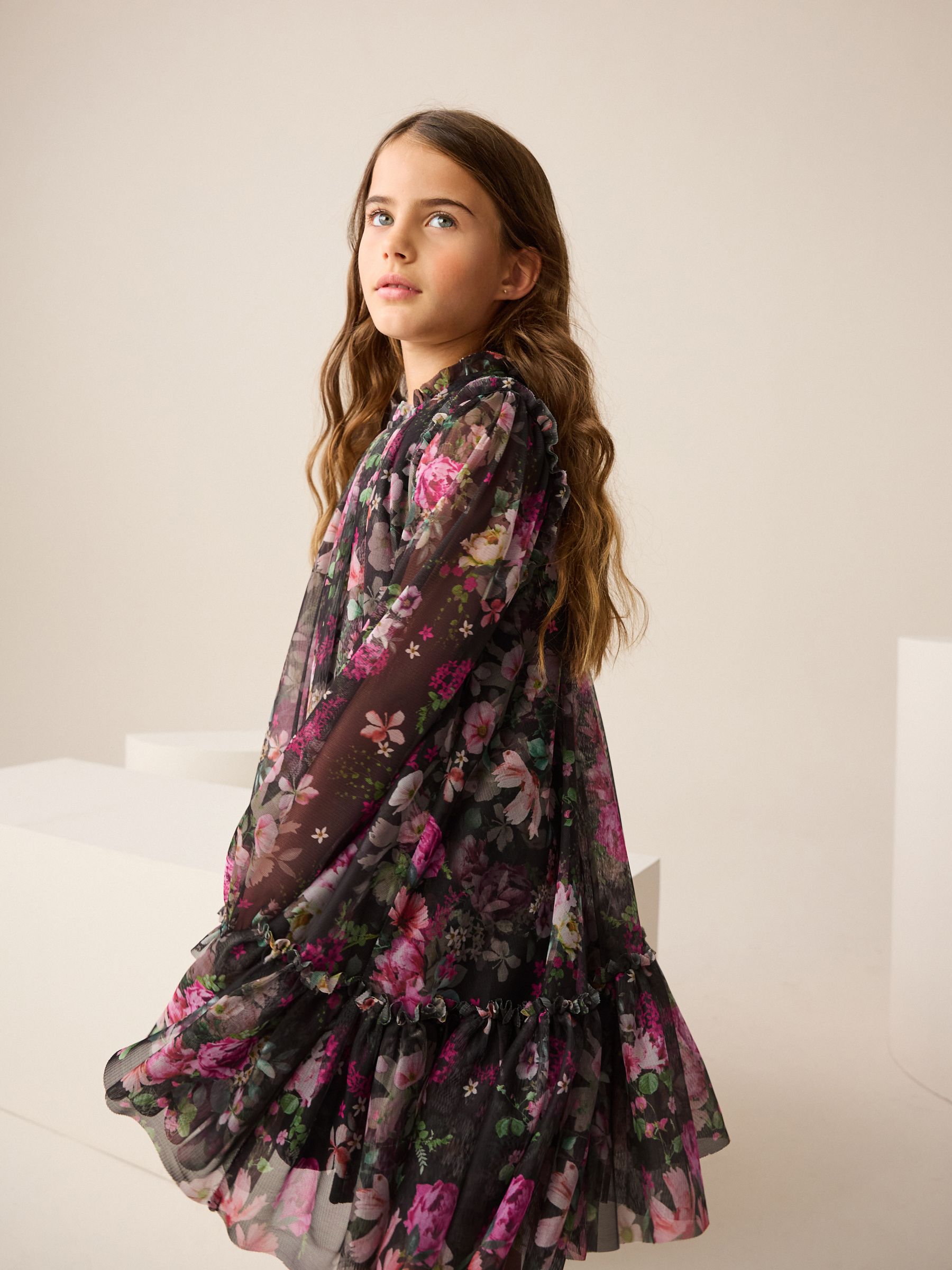 Buy Black Floral - Long Sleeve Mesh Party Dress (3-16yrs) from Next Israel