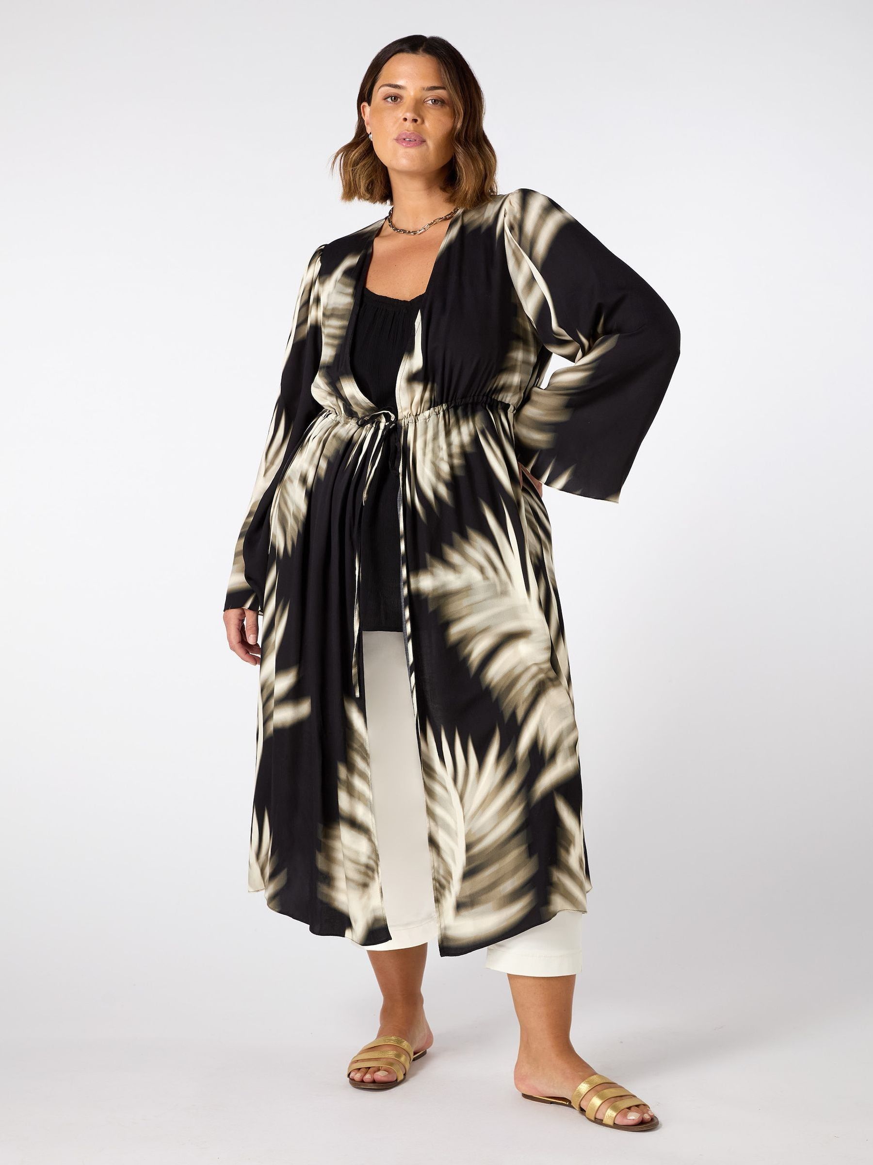 Buy Live Unlimited Black Leaf Print Longline Drawstring Kimono from the ...