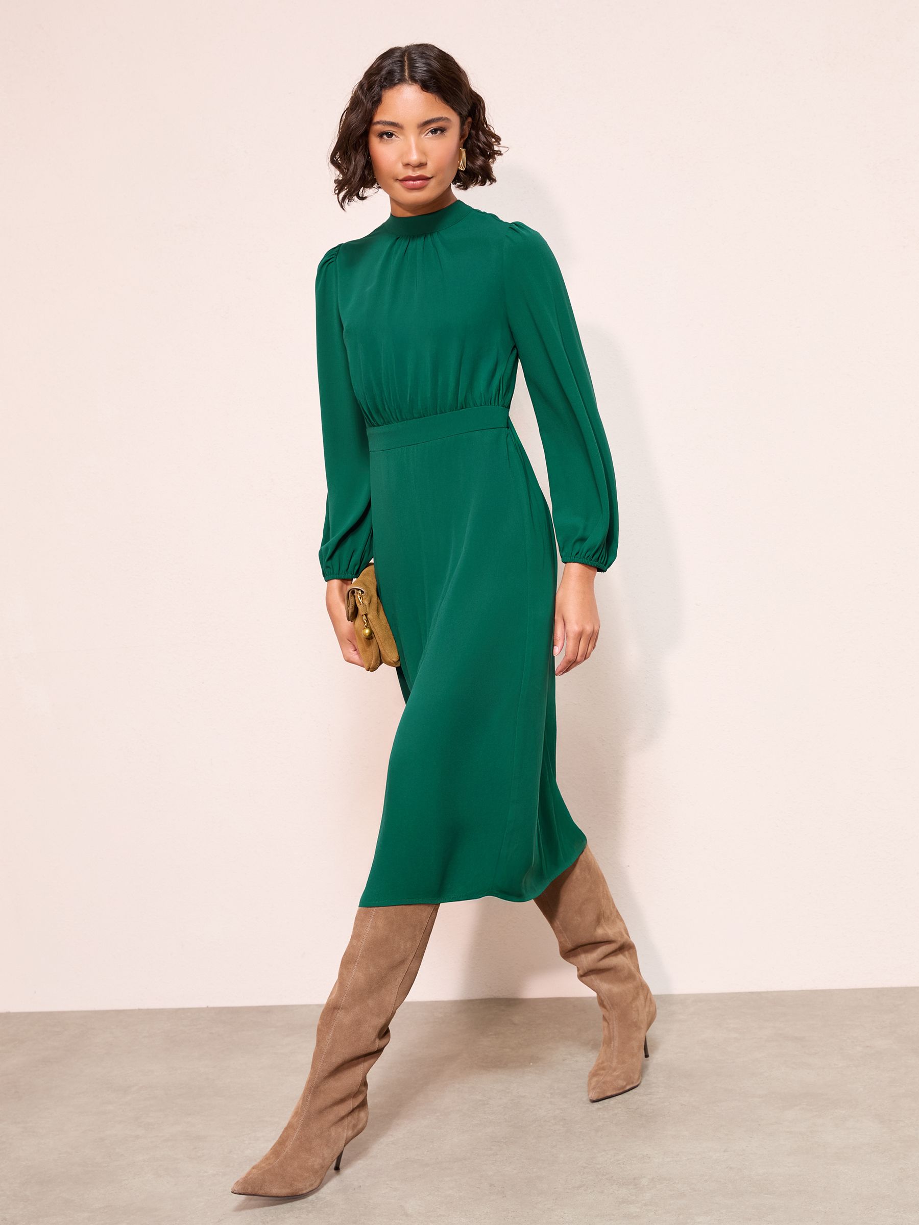 Buy Friends Like These Green High Neck Long Sleeve Midi Dress with Bow ...
