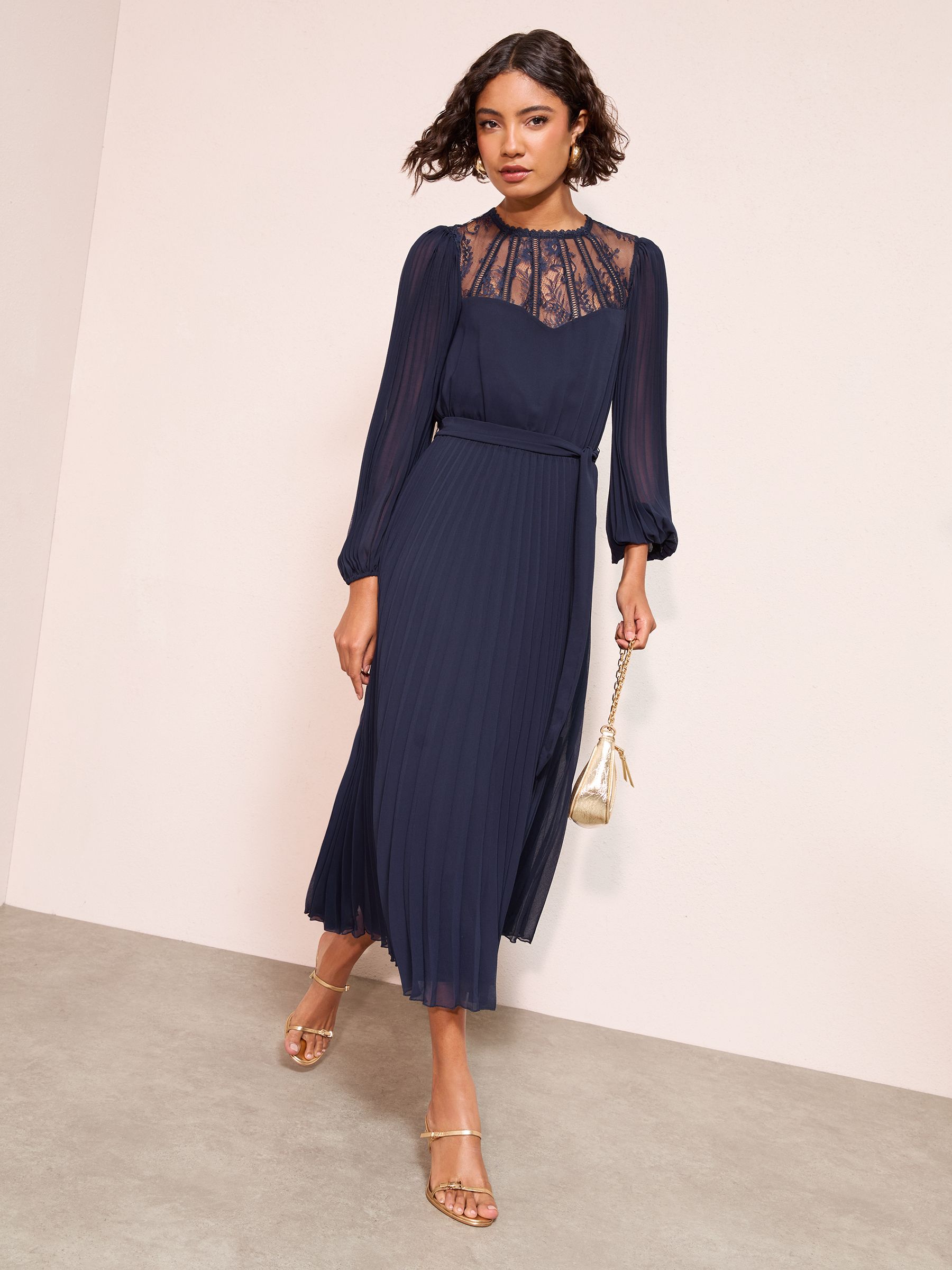 Buy Friends Like These Navy Petite Lace Yoke Long Sleeve Pleated ...