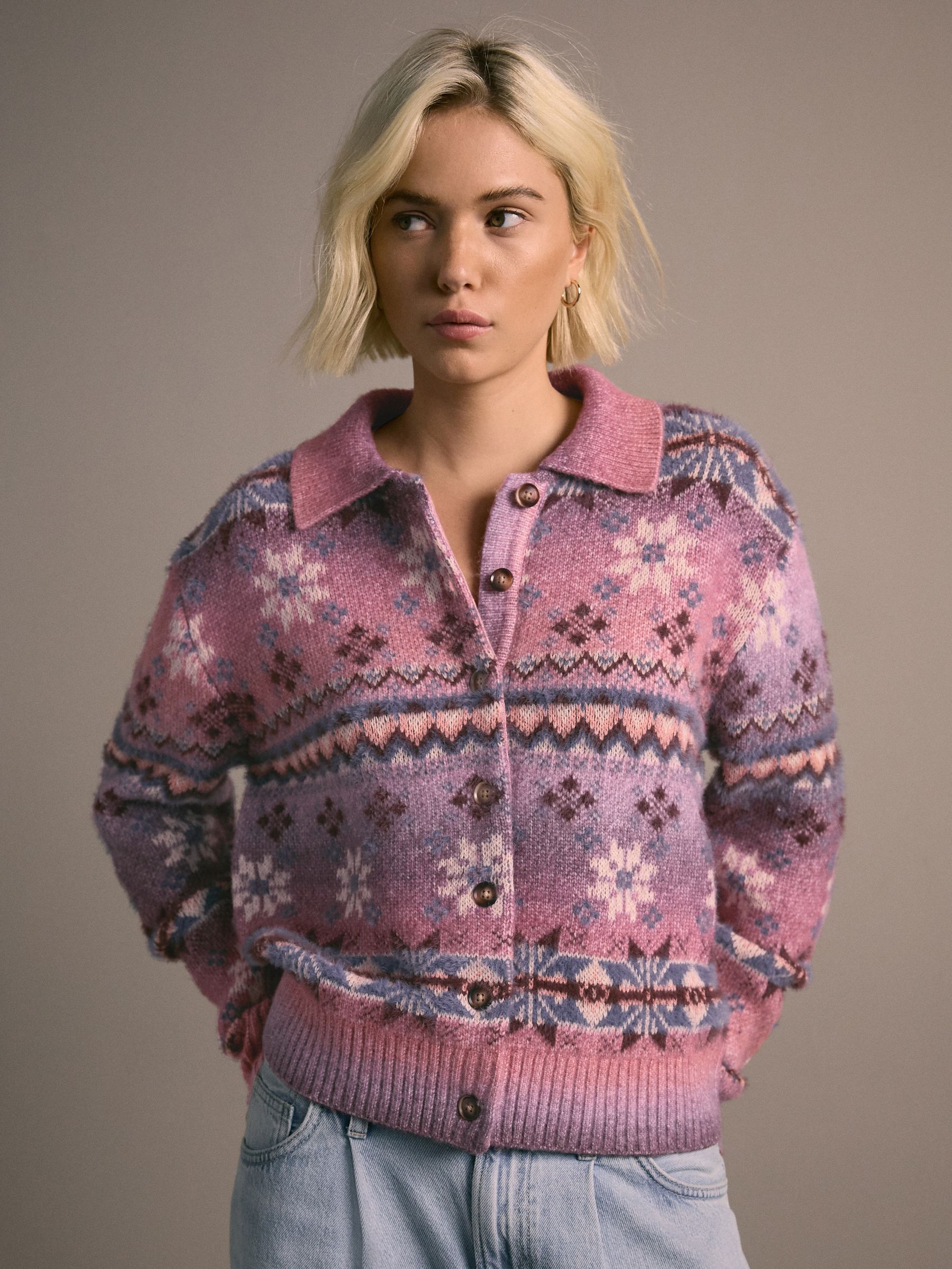 Buy Pink/Purple Multi Space Dye Fairisle Pattern Collar Cardigan from ...