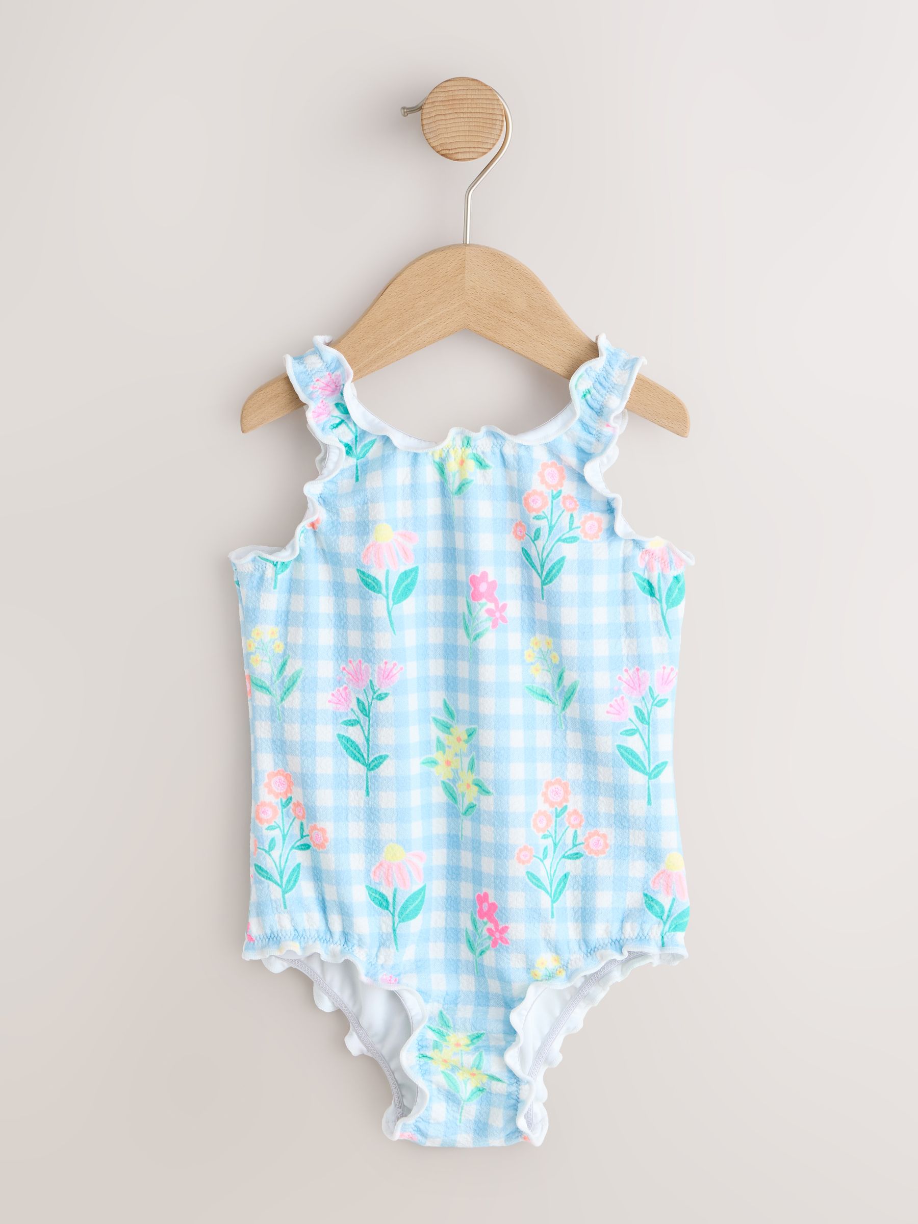 Buy Blue Floral Gingham Lettuce Edge Swimsuit (3mths-7yrs) from Next Italy