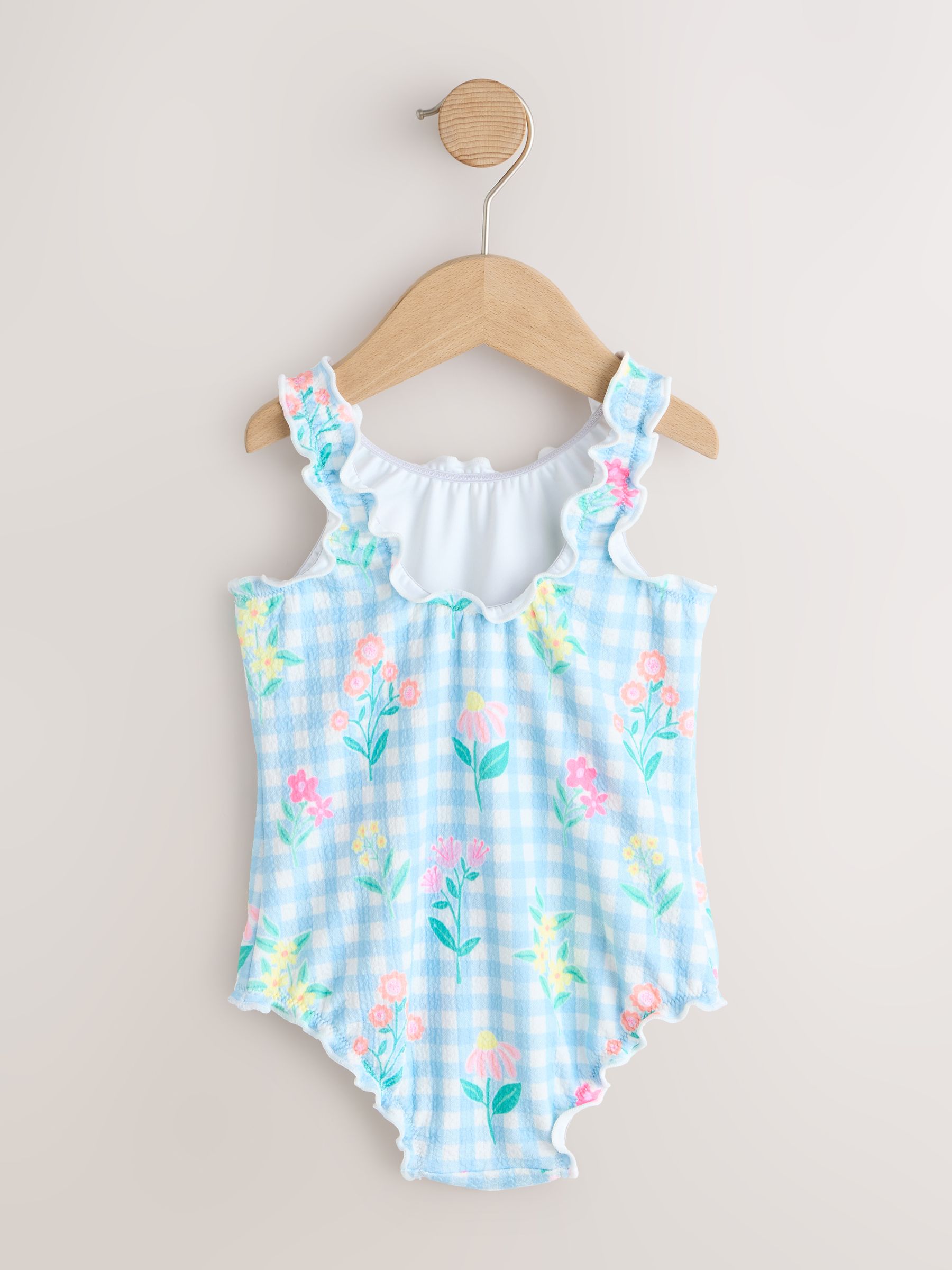 Buy Blue Floral Gingham Lettuce Edge Swimsuit (3mths-7yrs) from Next Italy
