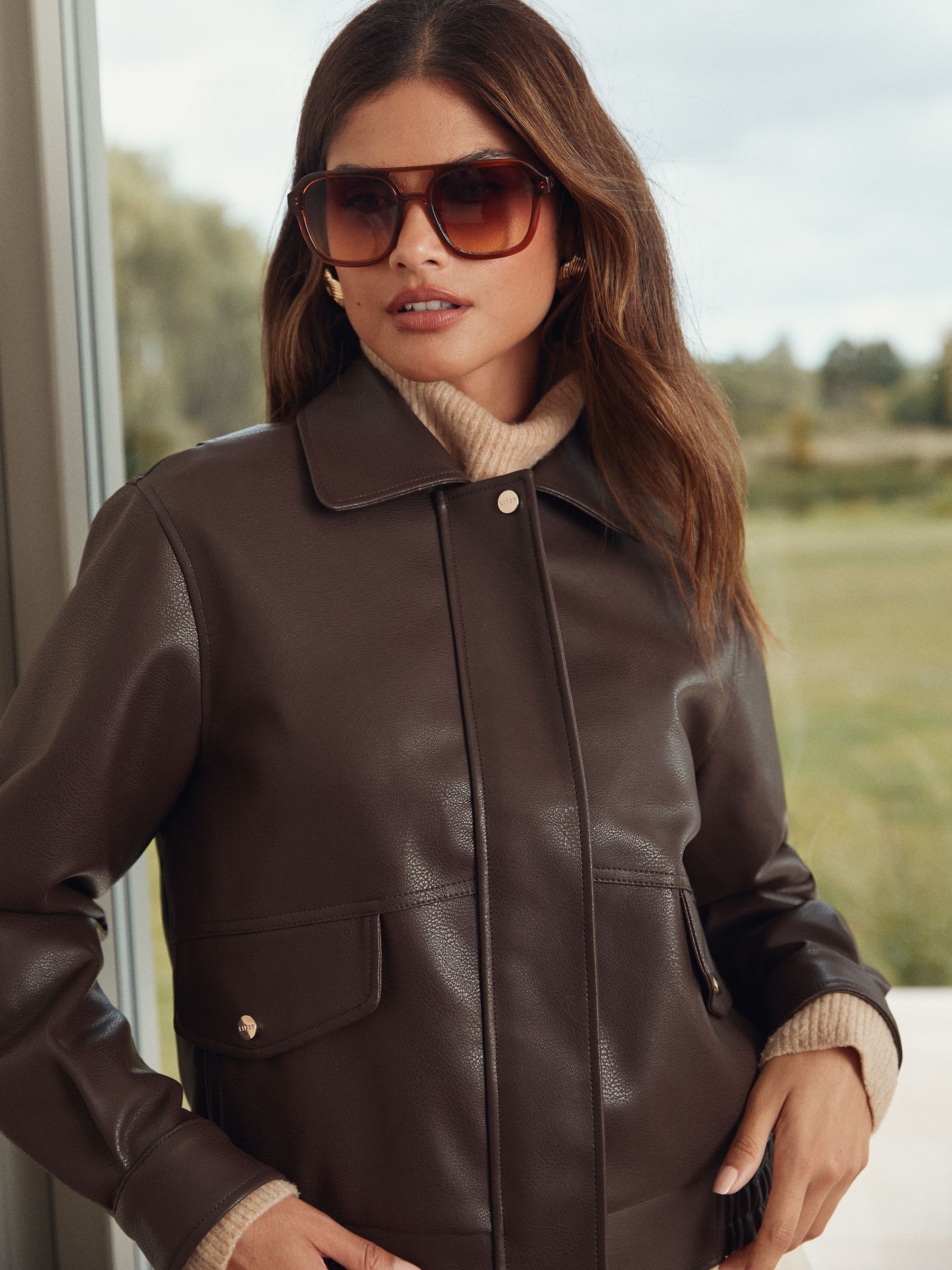 Buy Lipsy Chocolate Brown Faux Leather 80s Style Biker Jacket from the ...