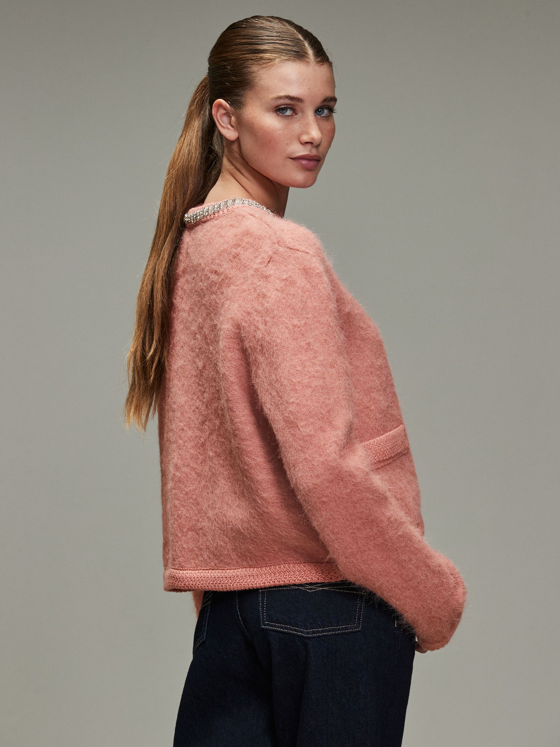 Buy Blush Pink Embellished Collar Brushed Crew Neck Cardigan from the ...