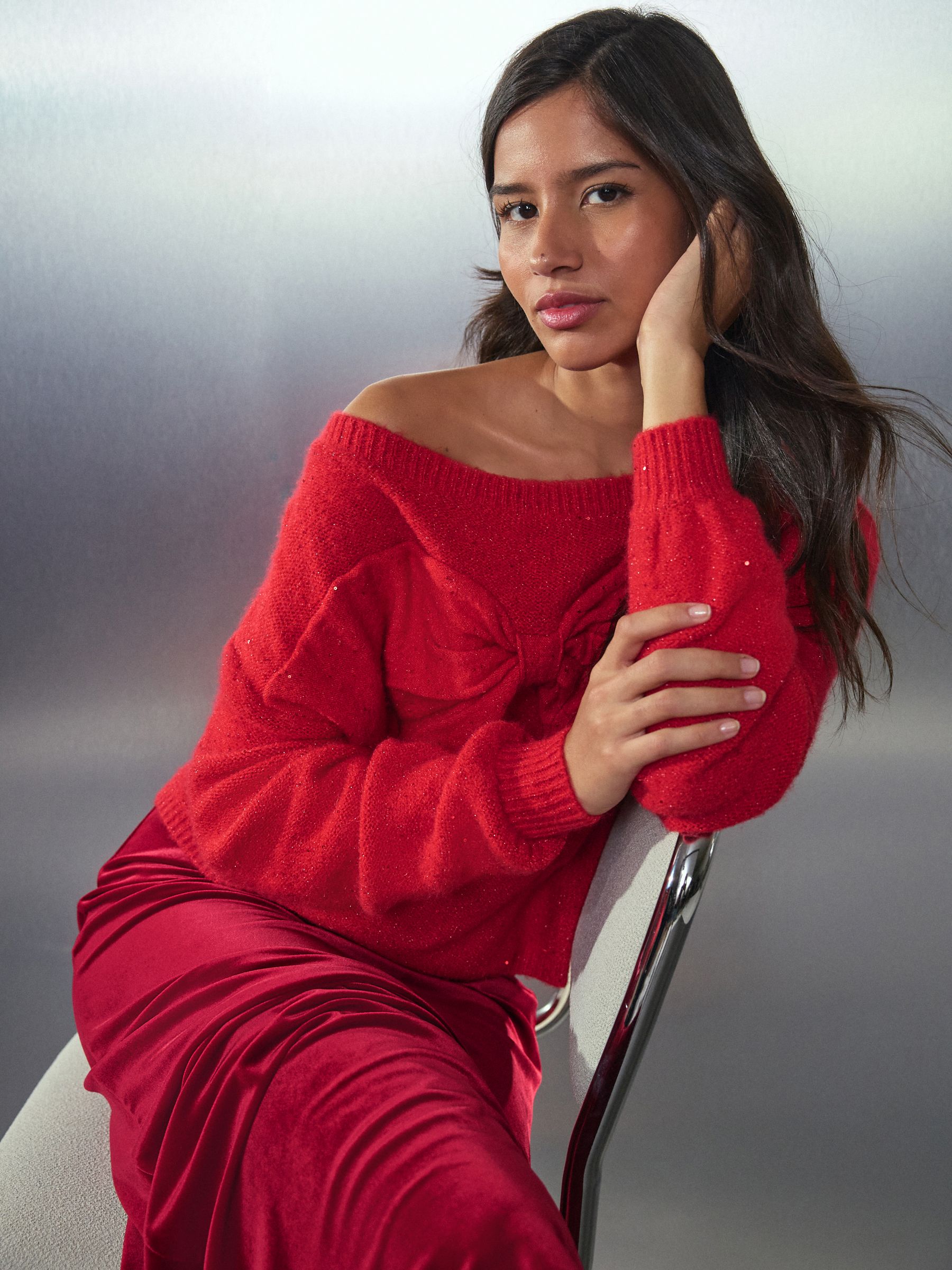 Buy Cherry Red Off Shoulder Bow Jumper With Sequins from Next Hong Kong