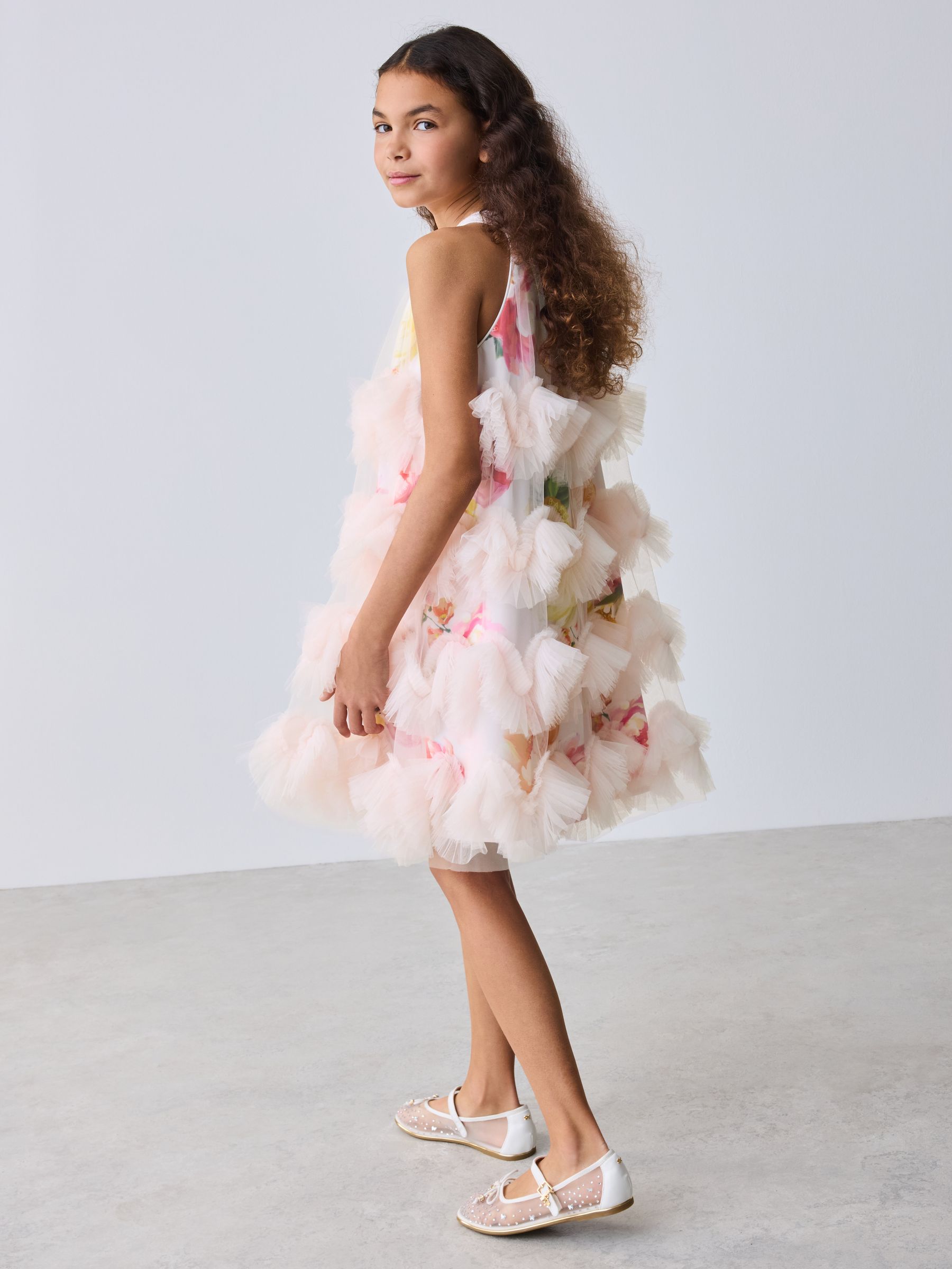 Buy Baker by Ted Baker Pink 3D Fluffy Ruffle Mesh Overlay Halter Dress ...