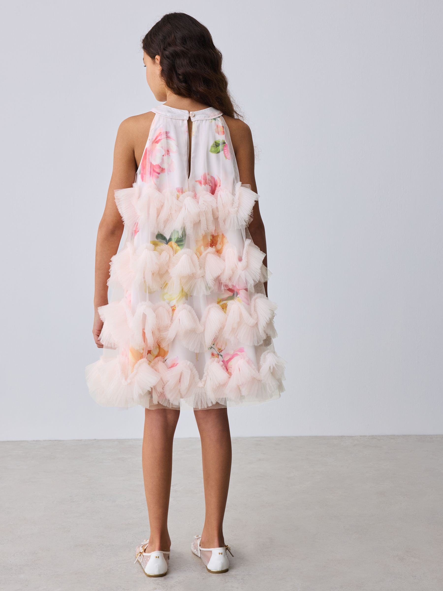 Buy Baker by Ted Baker Pink 3D Fluffy Ruffle Mesh Overlay Halter Dress ...