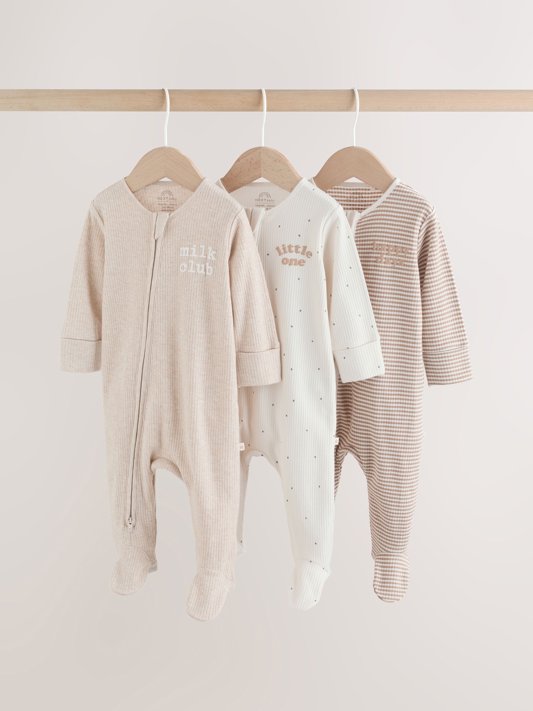 Buy Neutral Milkclub Two Way Zip Baby Sleepsuits 3 Pack (0-2yrs) from ...
