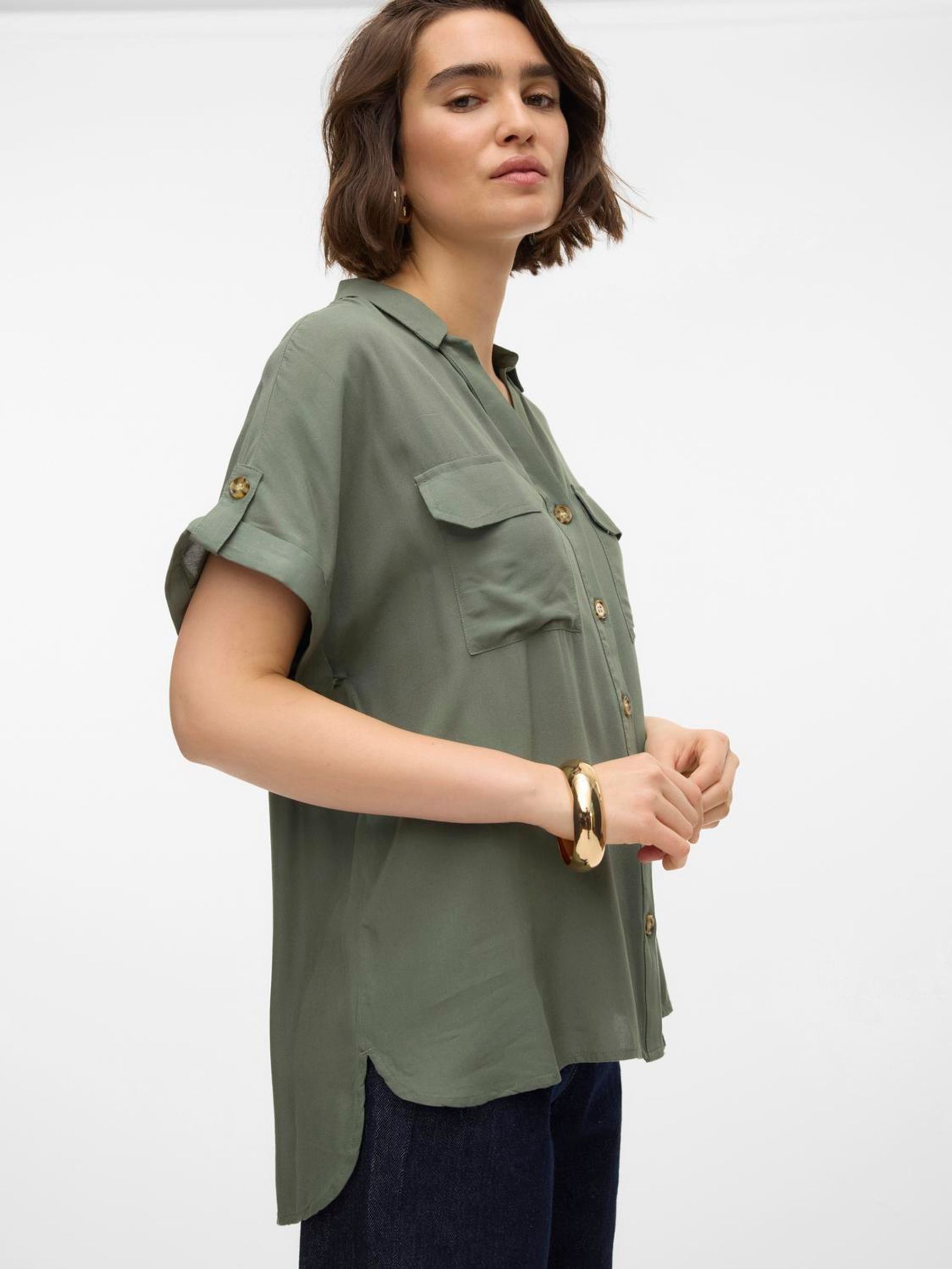 Buy VERO MODA Green Short Sleeve Button Through Open Neck Shirt from ...