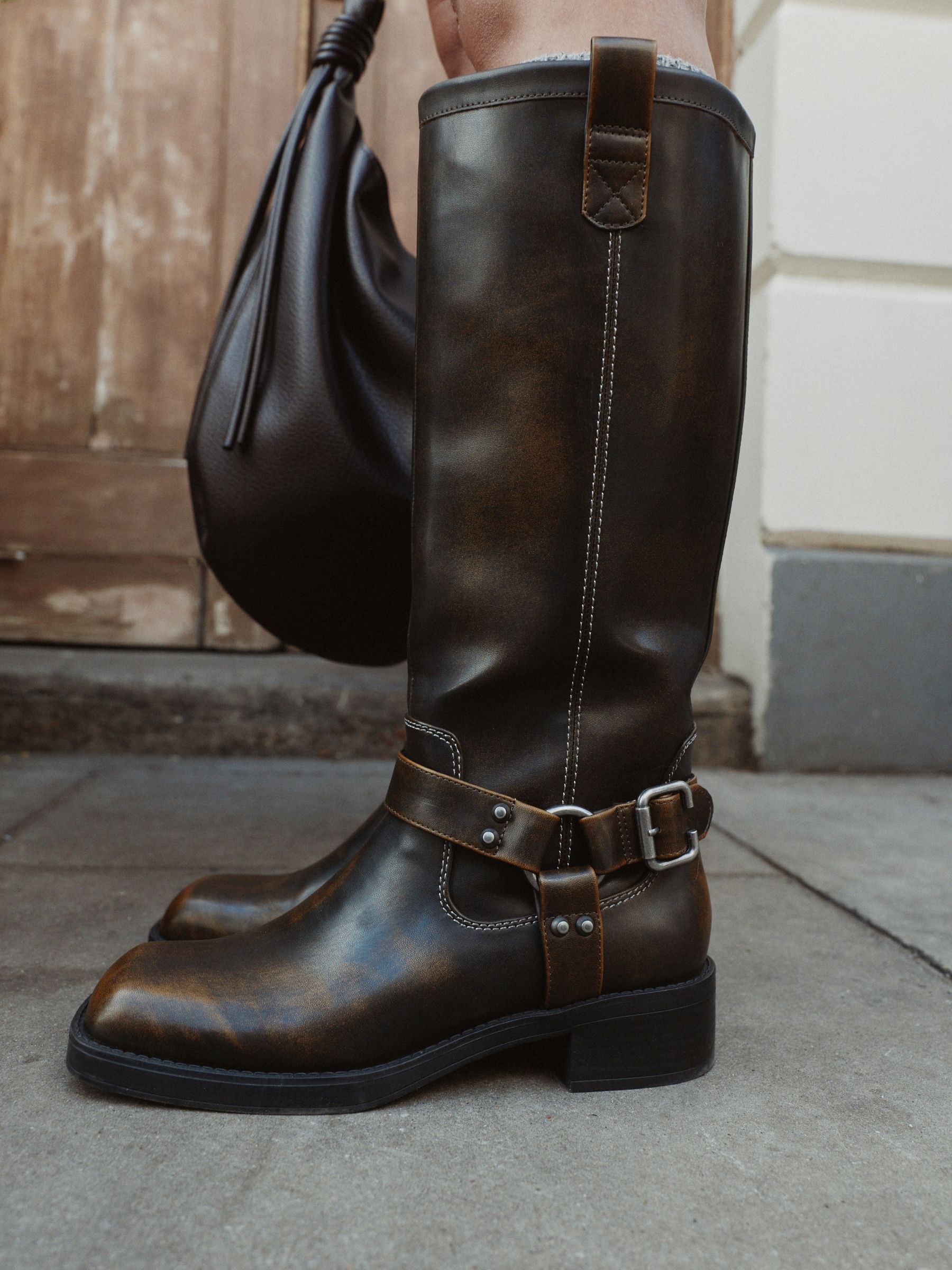 Buy Chocolate Brown Forever Comfort® Knee High Biker Boots from Next ...