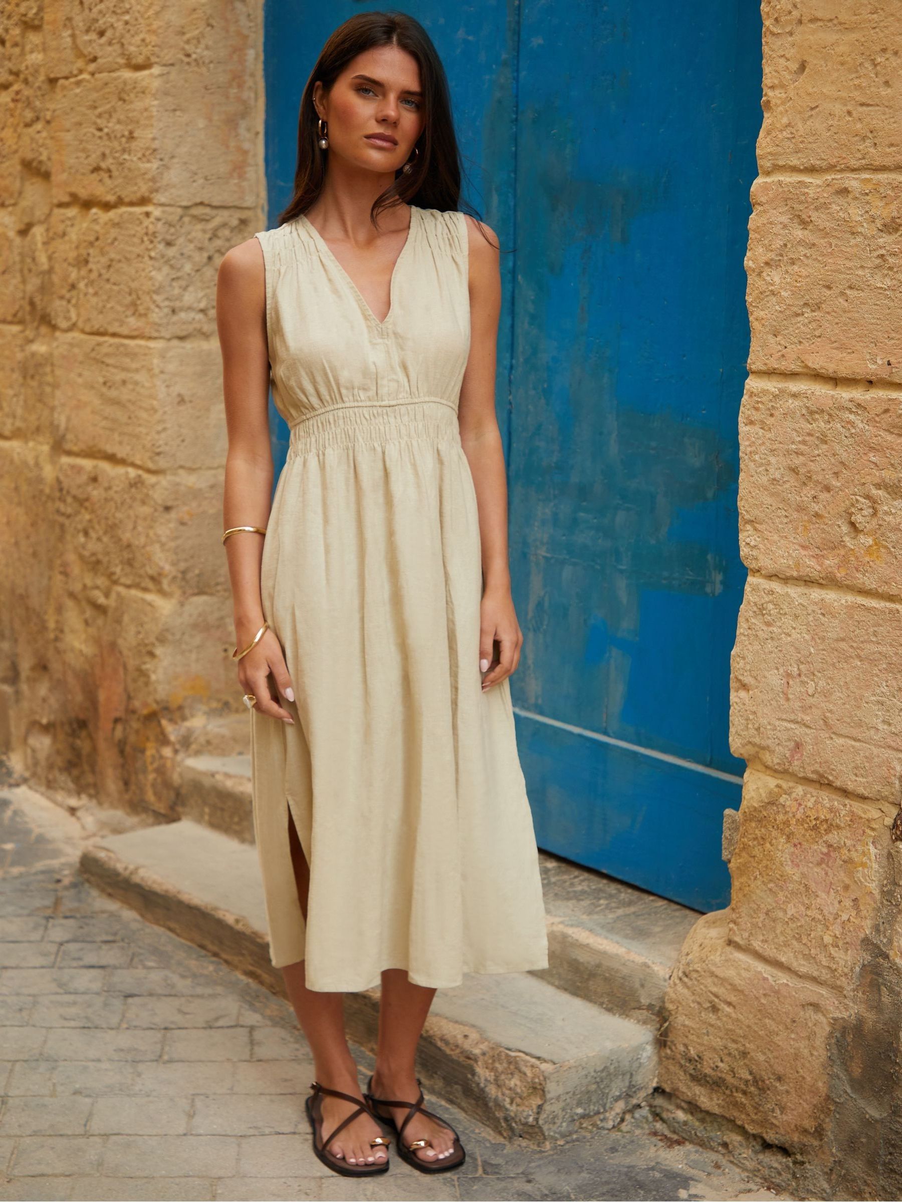 Buy Threadbare Natural Linen Blend Ruched Midi Summer Dress from the ...
