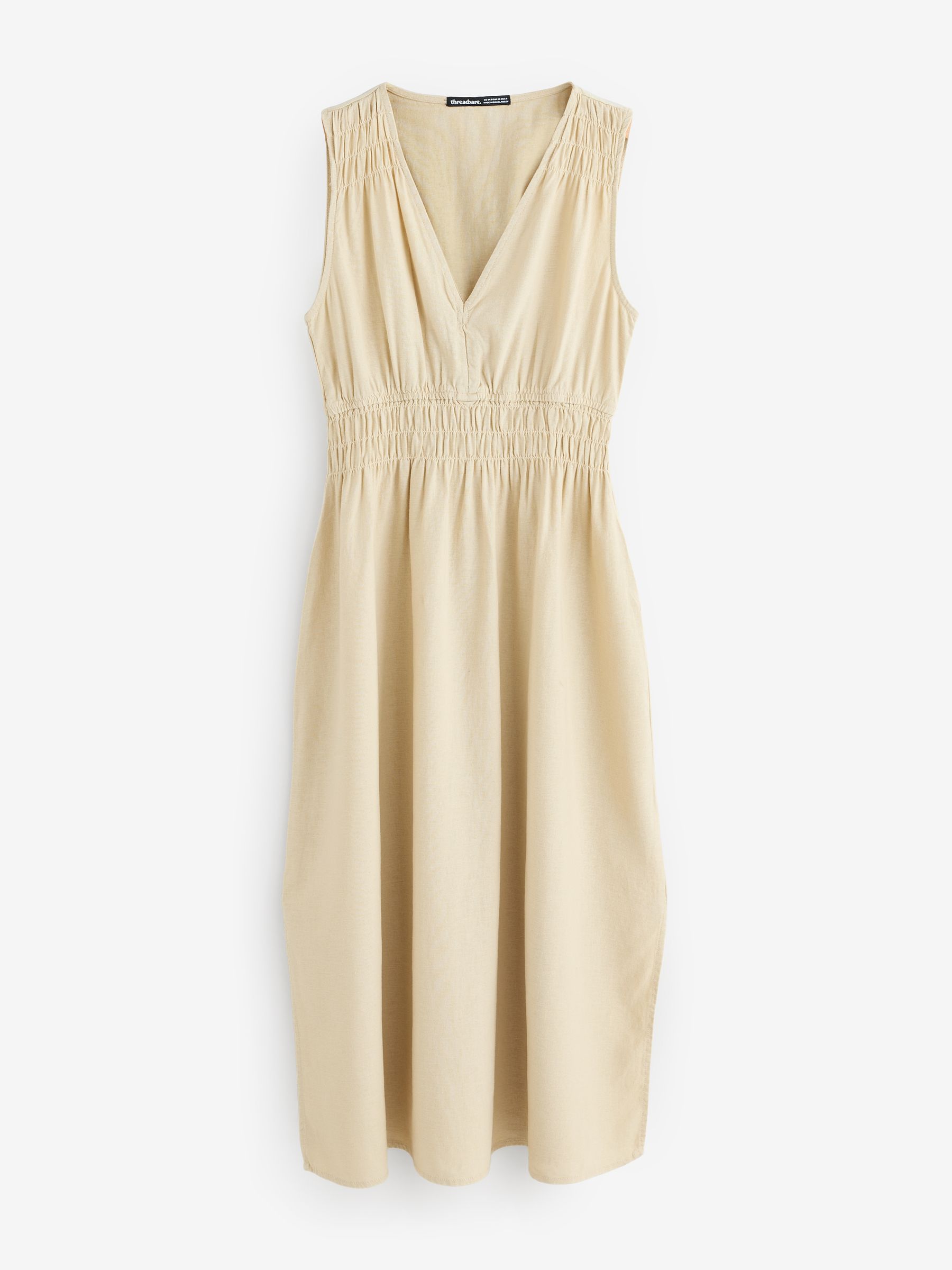 Buy Threadbare Natural Linen Blend Ruched Midi Summer Dress from the ...