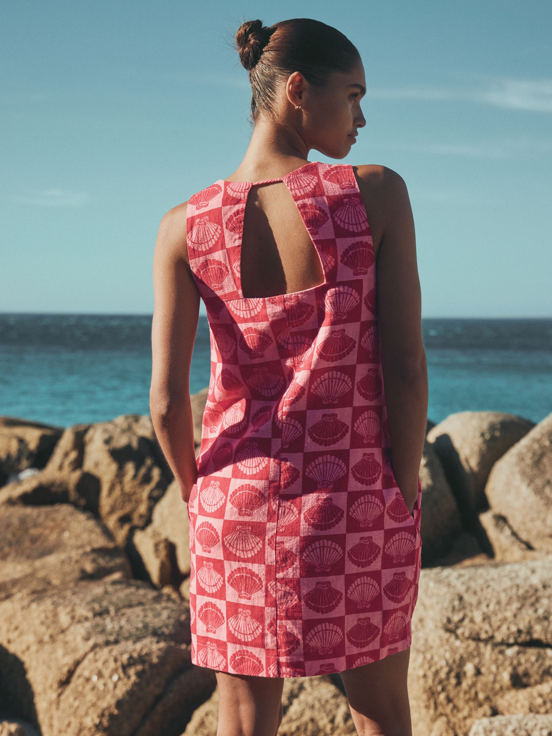 Buy Pink/Red Shell Print Linen Rich Square Neck Shift Mini Dress from ...