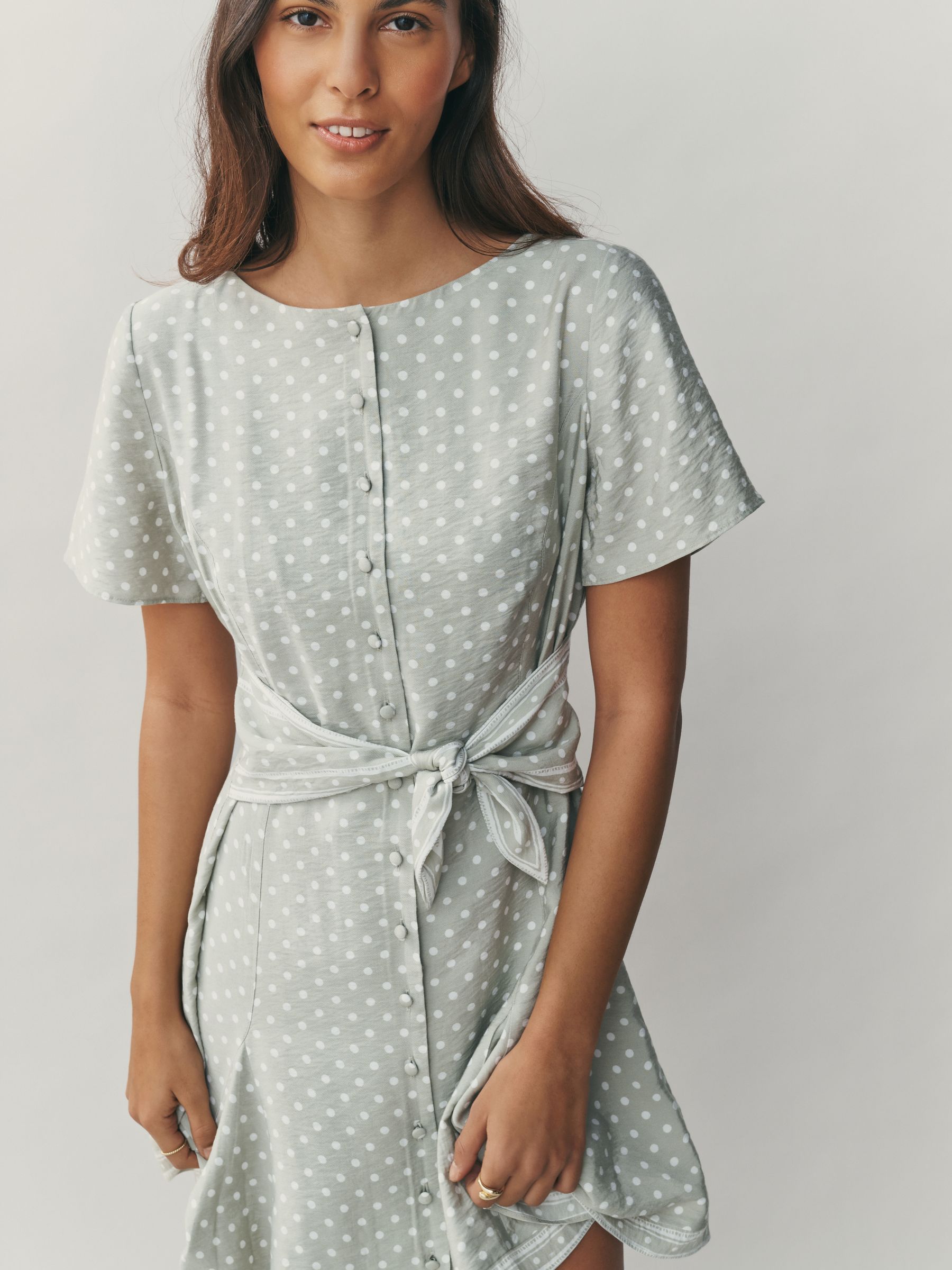 Buy Sage Green Spot Tie Waist Mini Dress from the Next UK online shop