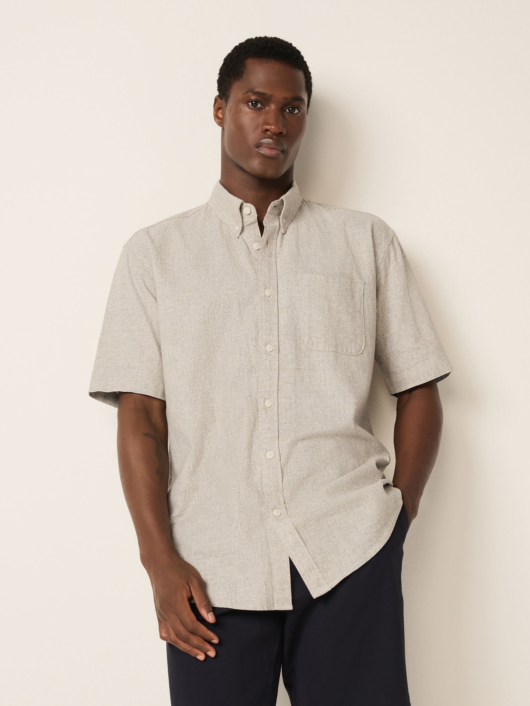 Buy Neutral Button Down Collar Cotton Linen Blend Short Sleeve Shirt ...