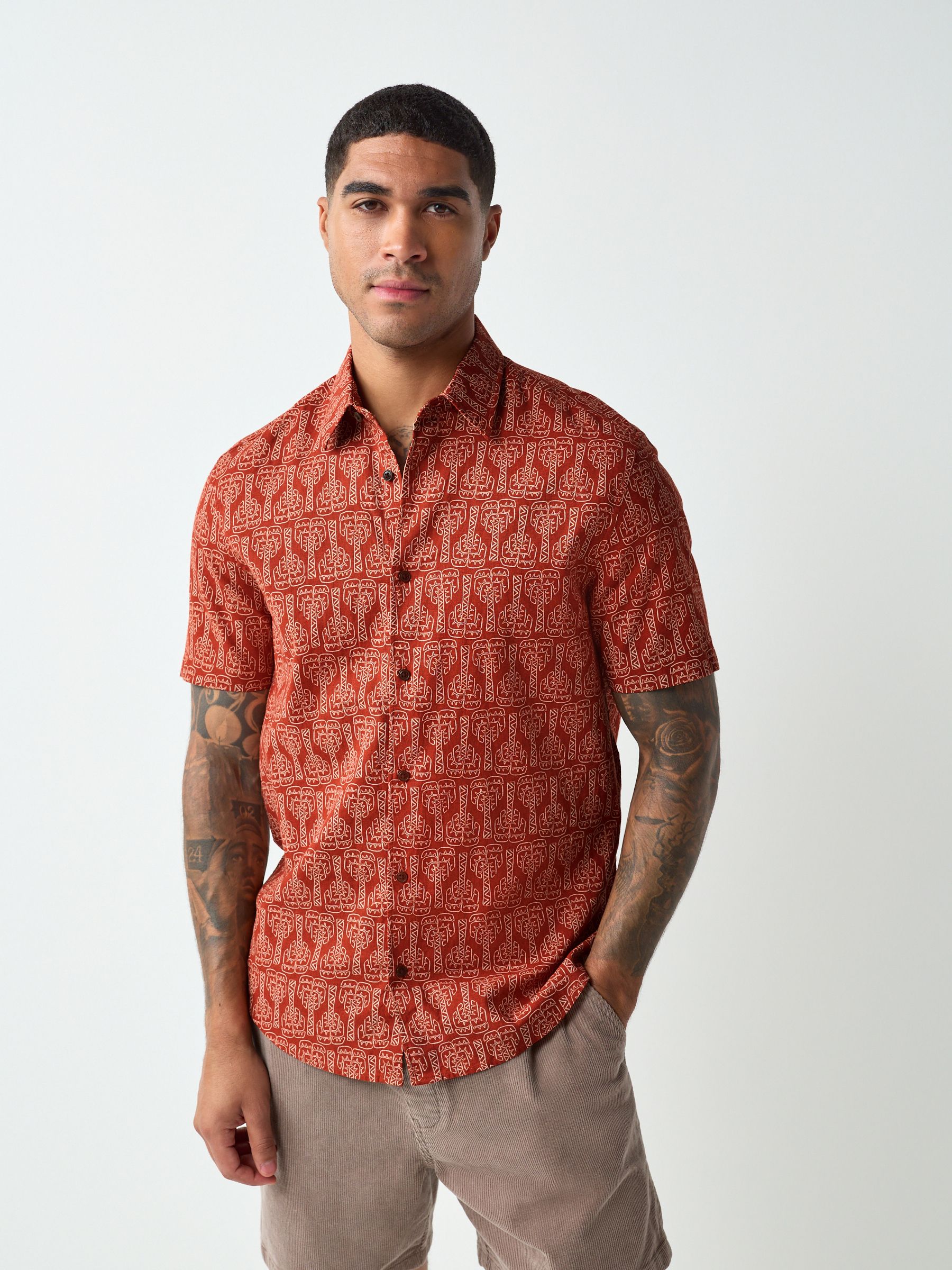 Buy Red Cotton Linen Printed Short Sleeve Shirt from the Next UK online ...